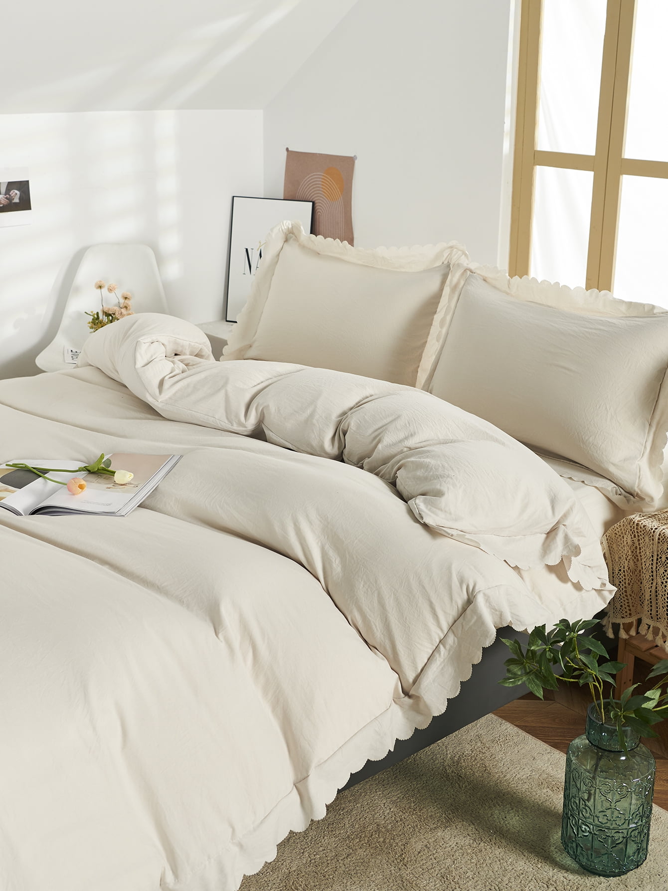 Move Over Beige Grey Ruffle Bedding Sets Queen Linen Grey Duvet Cover ...
