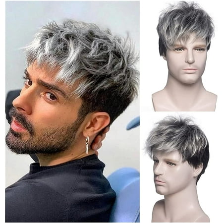 Men Short Curly Synthetic Wig Grey Brown Fake Hair for Men's Hair Daily ...