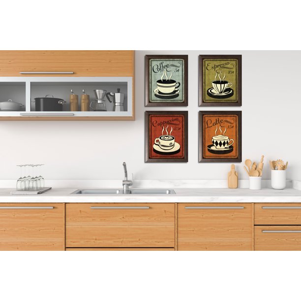 Gango Home Decor Retro Coffee Cup Kitchen Wall Art; Four Multi-Color ...