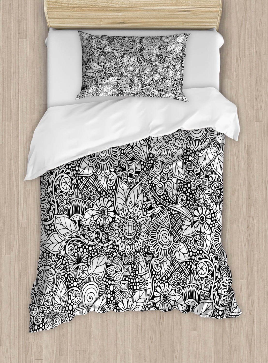 Doodle Twin Size Duvet Cover Set, Floral Arrangement with Variety of ...