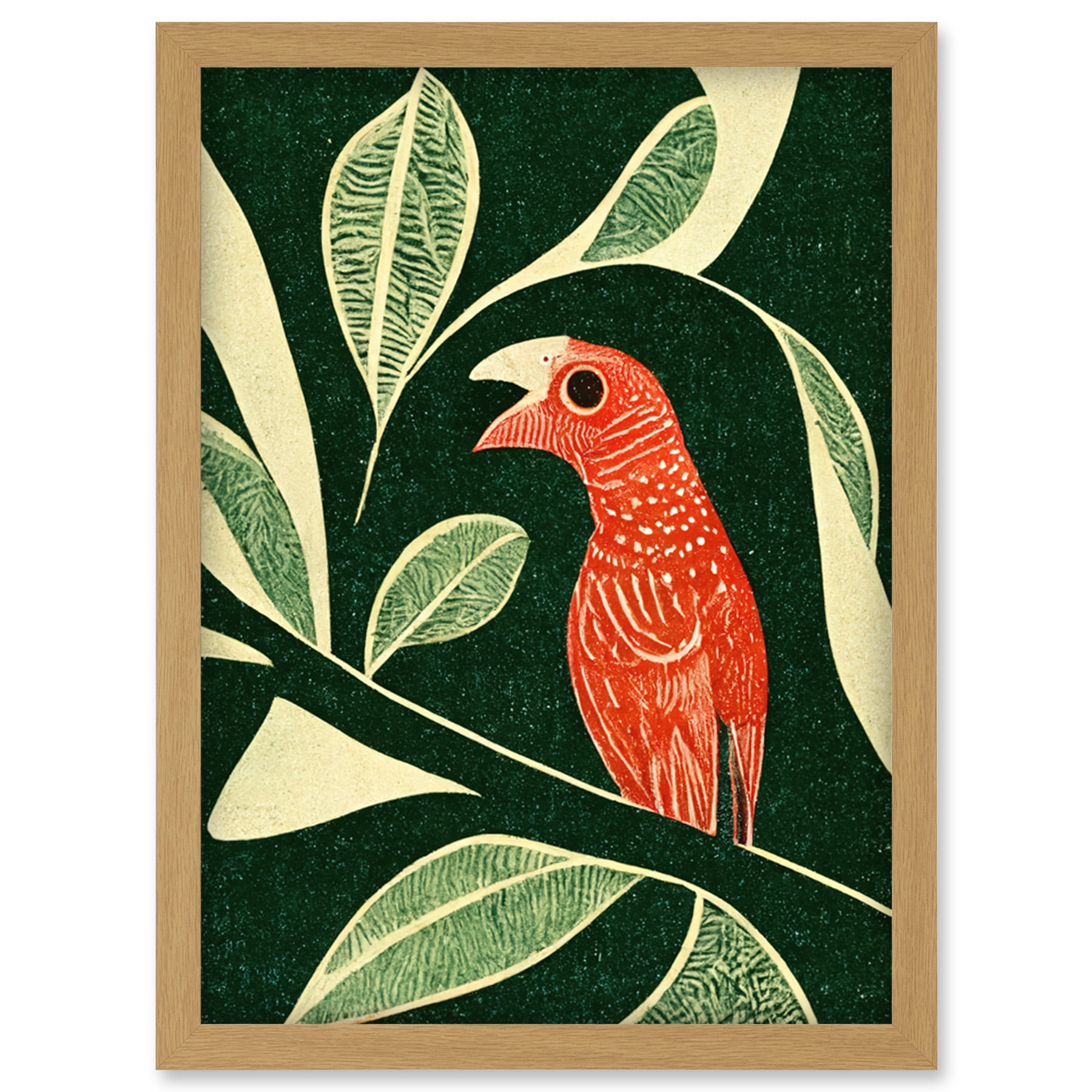 Red Parrot On Tree Branch Vintage Linocut Illustration Artwork Framed ...
