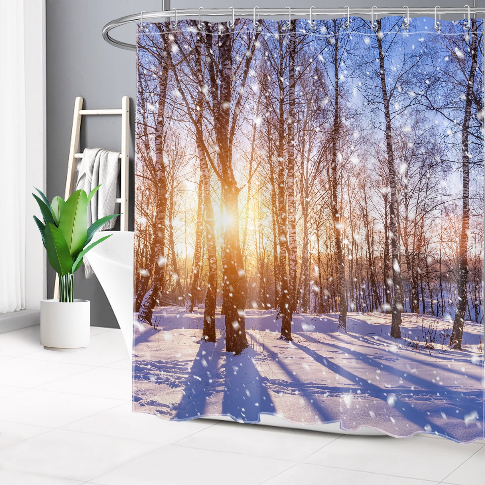 HVEST Winter Snow Shower Curtain,Snow Scene and Moon in Forest Bathroom ...