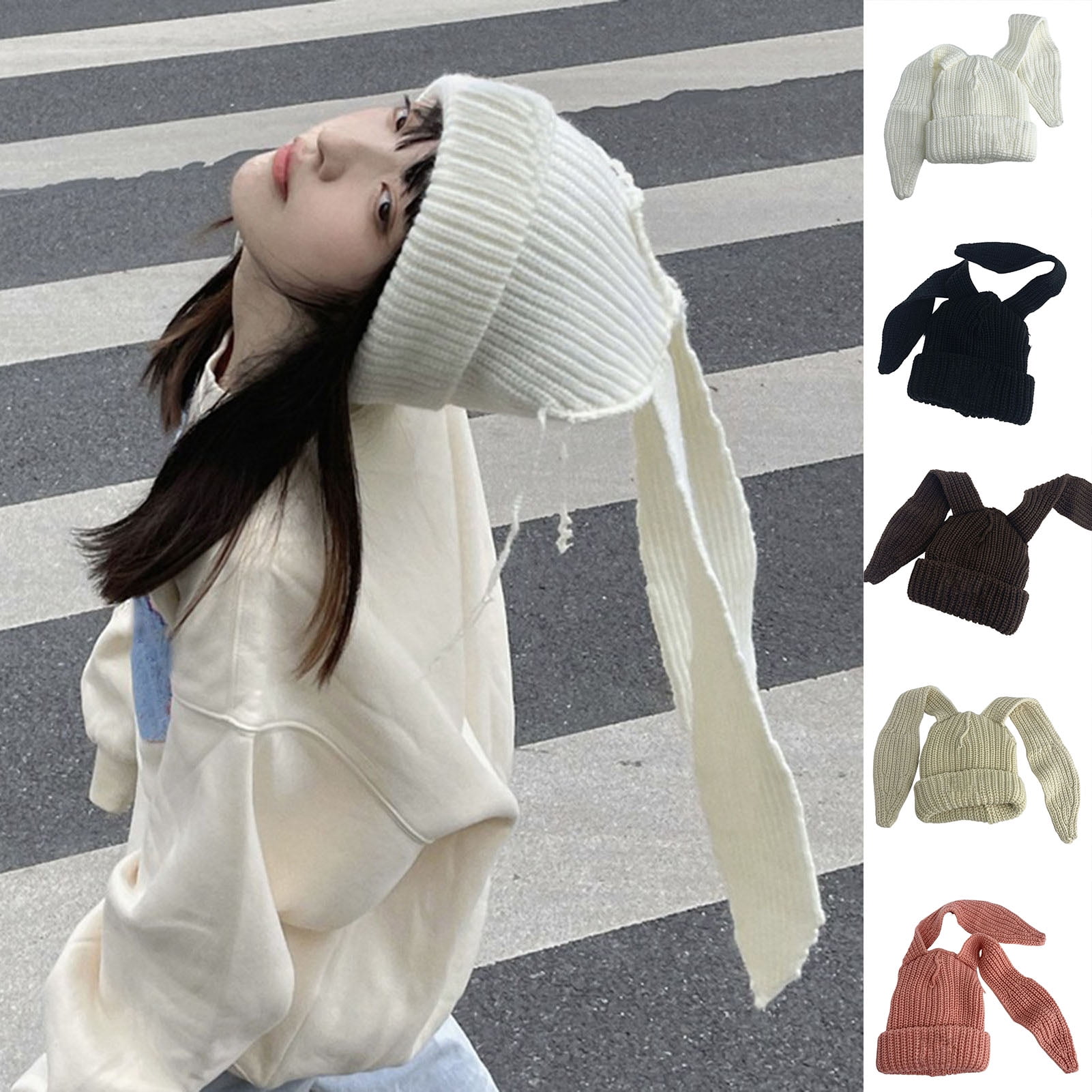 D-GROEE Long Rabbit Ears Beanie Hats Thickened Knitted Bunny Ears Cap ...