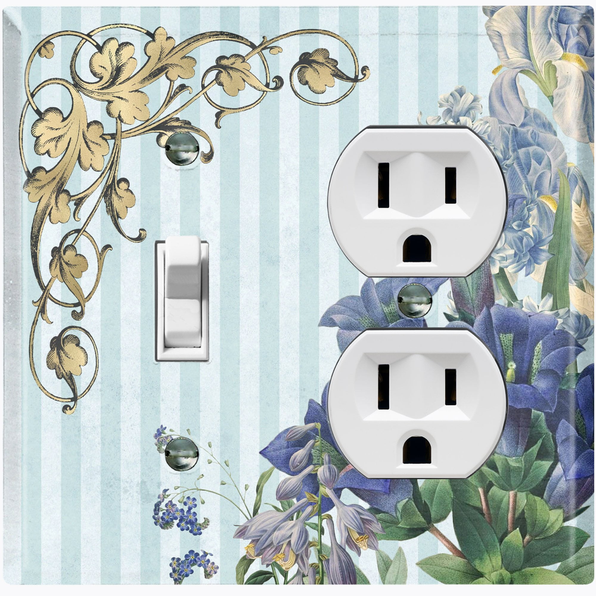 Metal Light Switch Plate Outlet Cover Elegant Blue Floral Striped ...