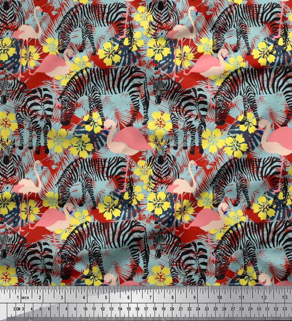 Soimoi Red Velvet Fabric Monstera Leaves,Flamingo & Wild Animal Print ...