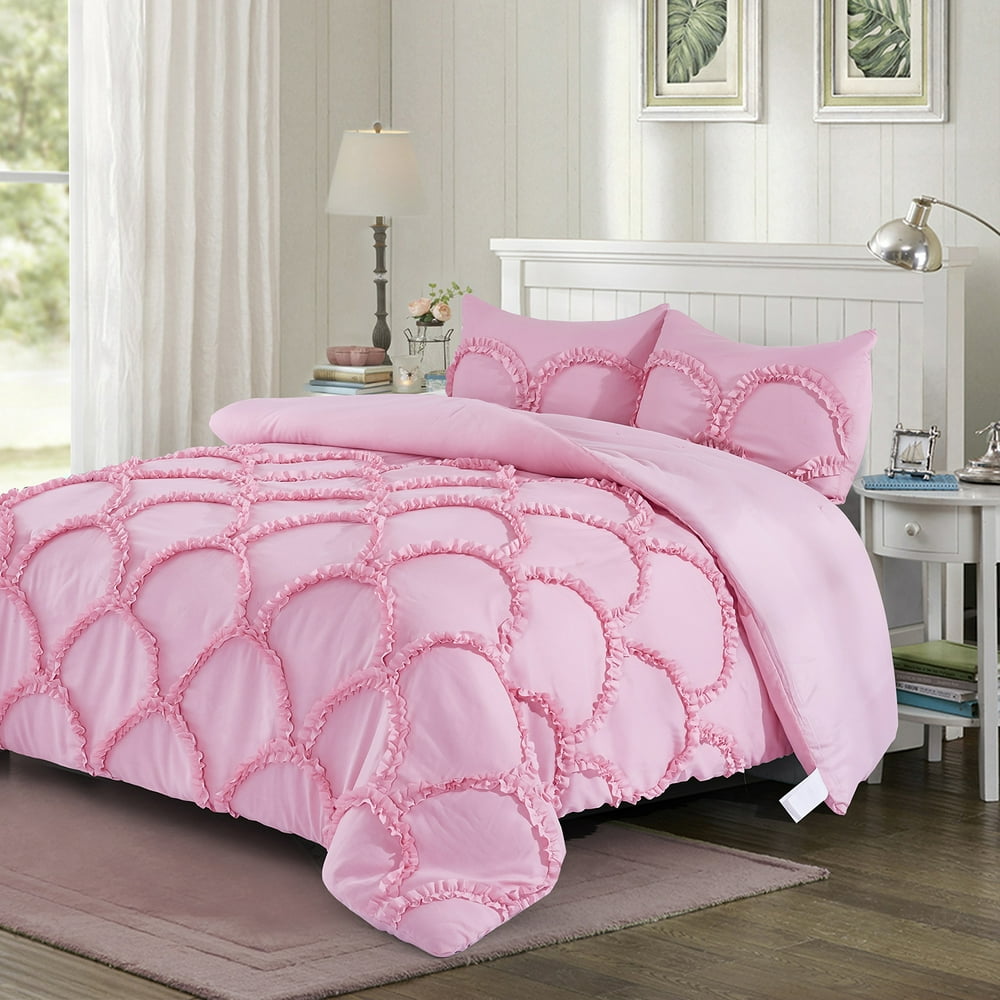 Hig 3 Piece King Size Shabby Chic Comforter Set Ruched Fan Shaped