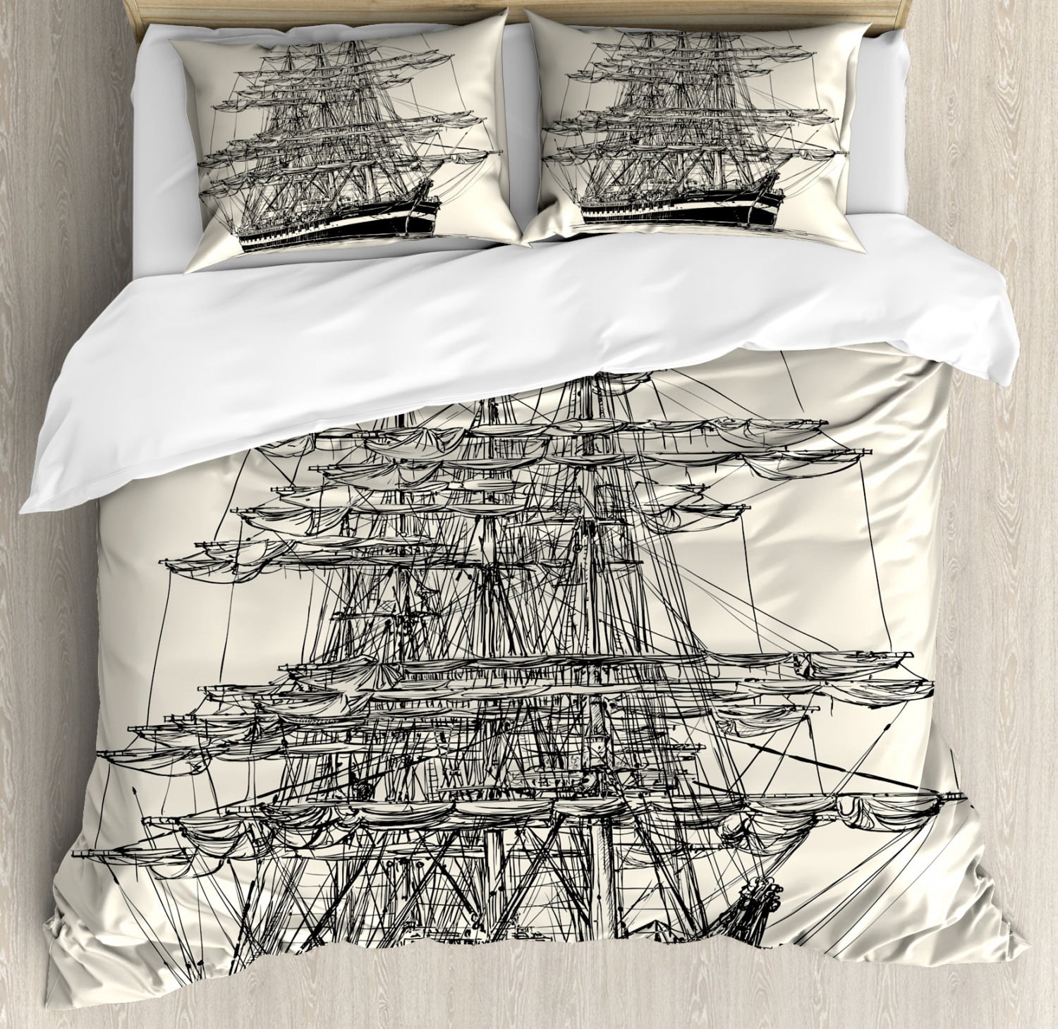 Pirate Ship Duvet Cover Set, Sailing Boat Detailed Illustration ...