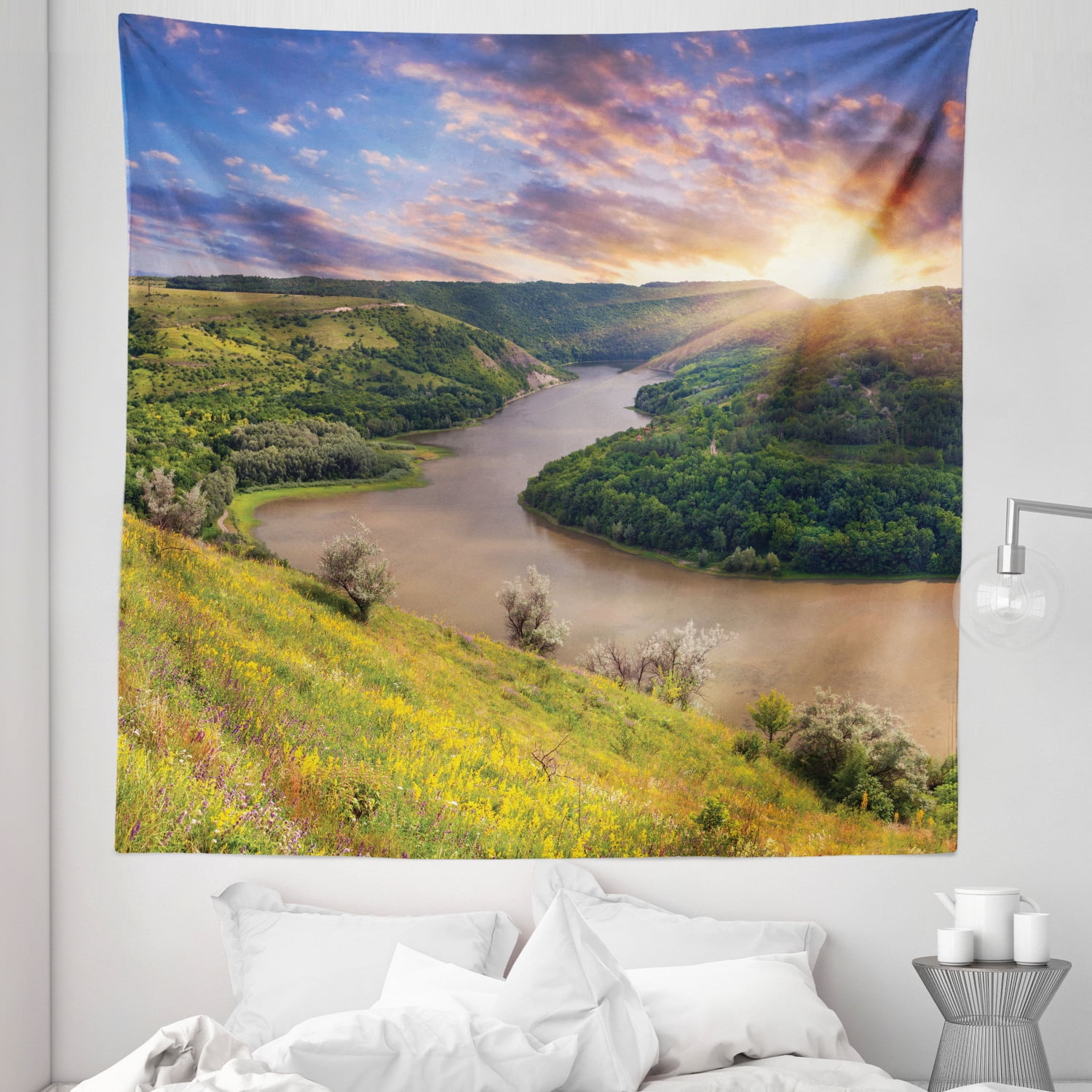 Nature Tapestry, Rising Sun over Calm Riverbed with Trees and Meadows ...