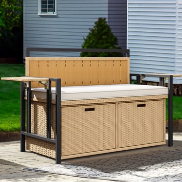 SOLAURA 90 Gallon Patio Wicker Storage Bench w/Cushion, Outdoor Rattan ...