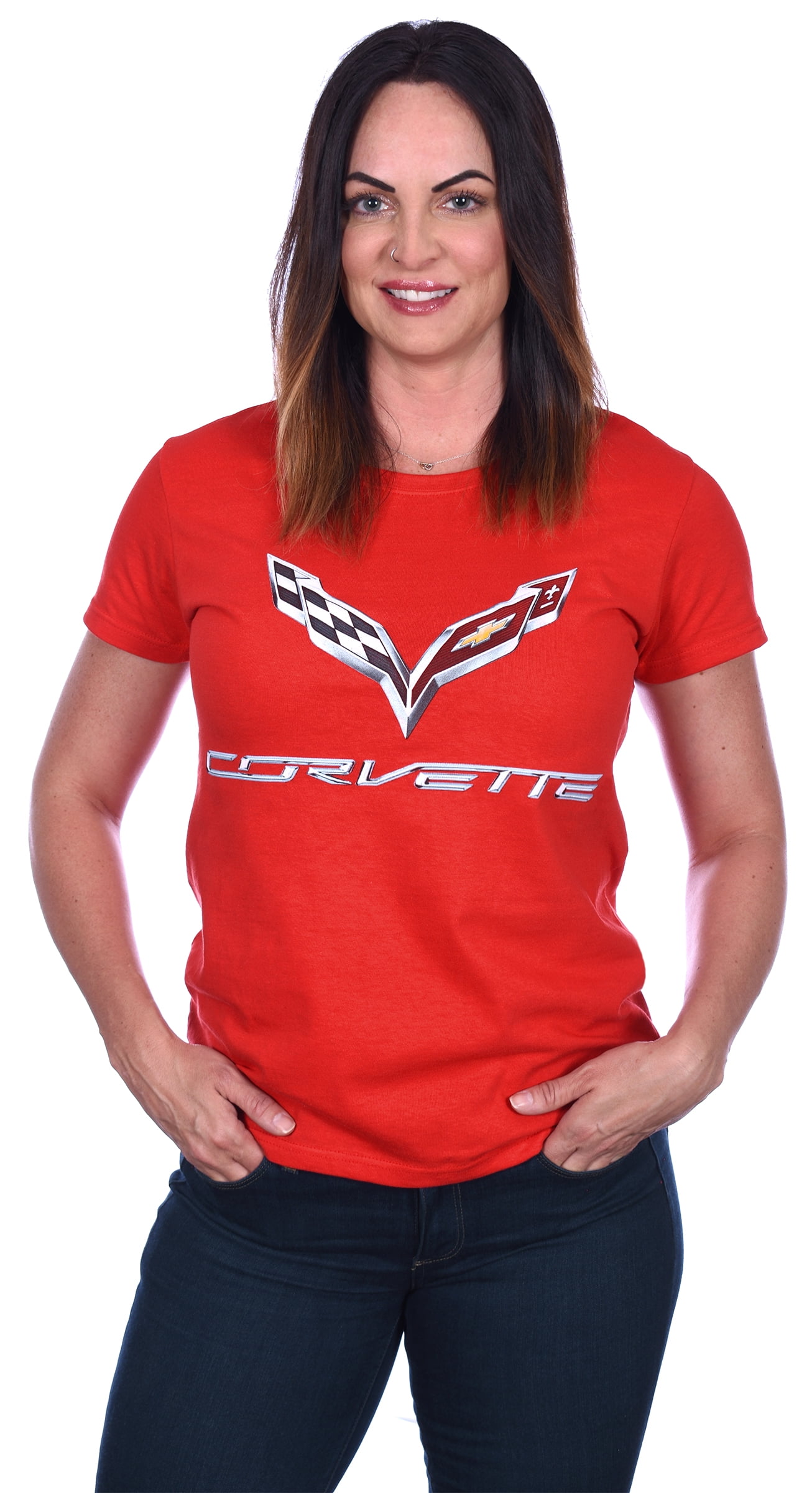 JH Design Group Women's Chevy Corvette C7 Emblem T-Shirt Black Red ...