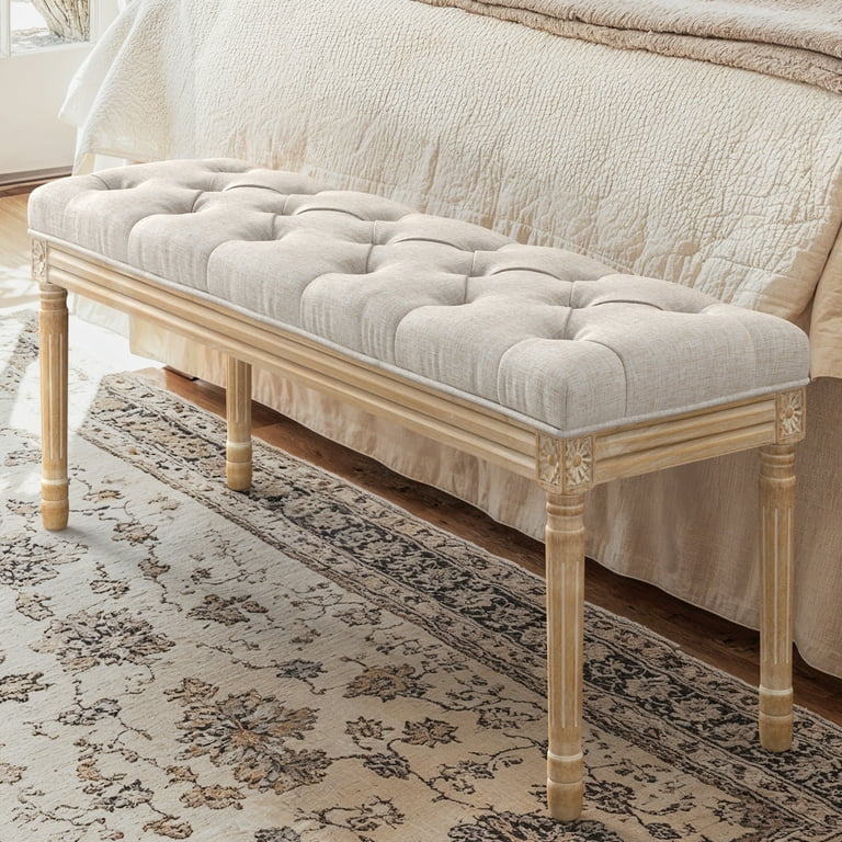 Dycanpo 44 End of Bed Bench Vintage Upholstered Bench for Entryway Linen and Wood