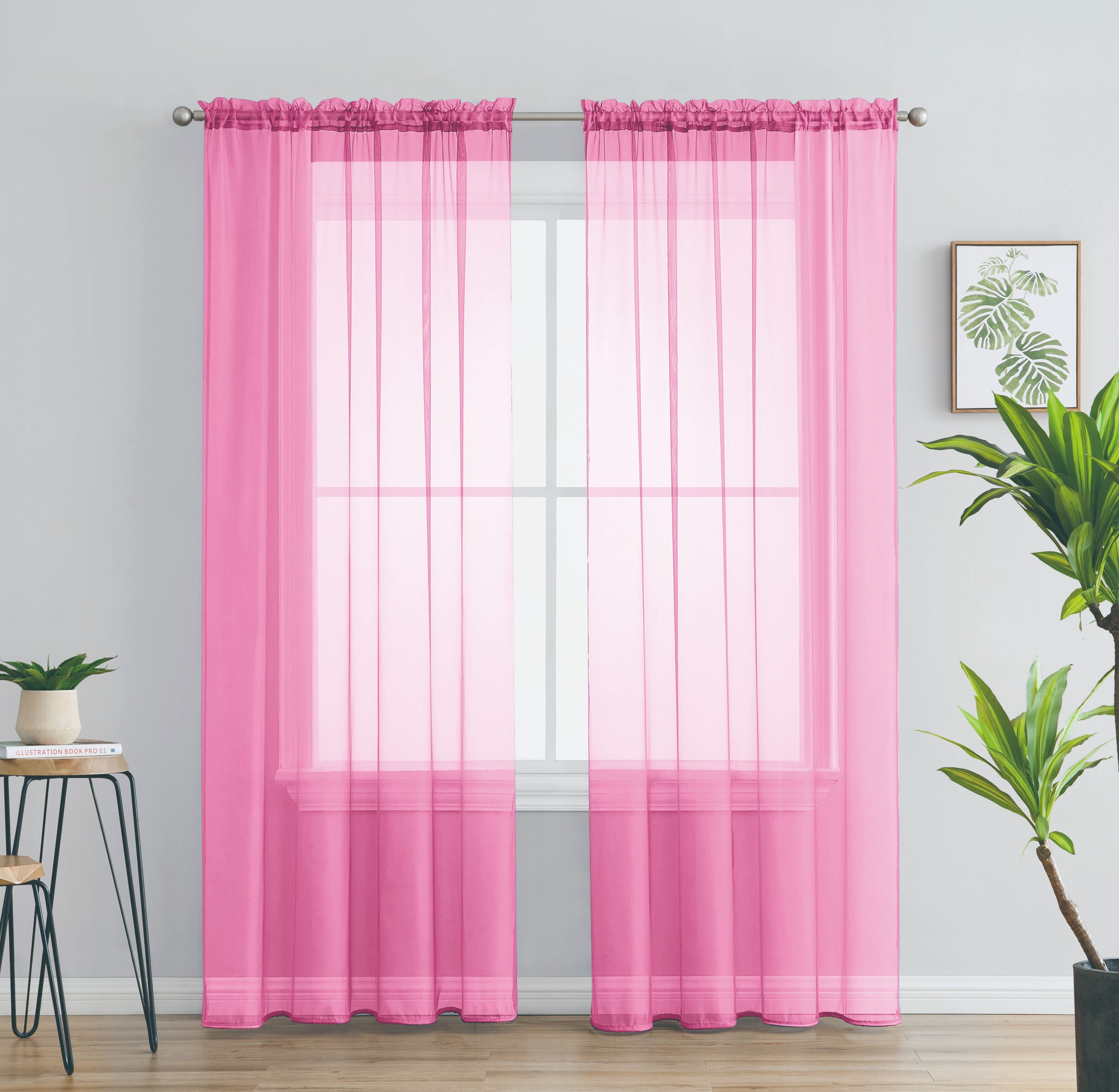 2 Piece Solid Rod Pocket Sheer Window Curtains Sheer Light Pink ...