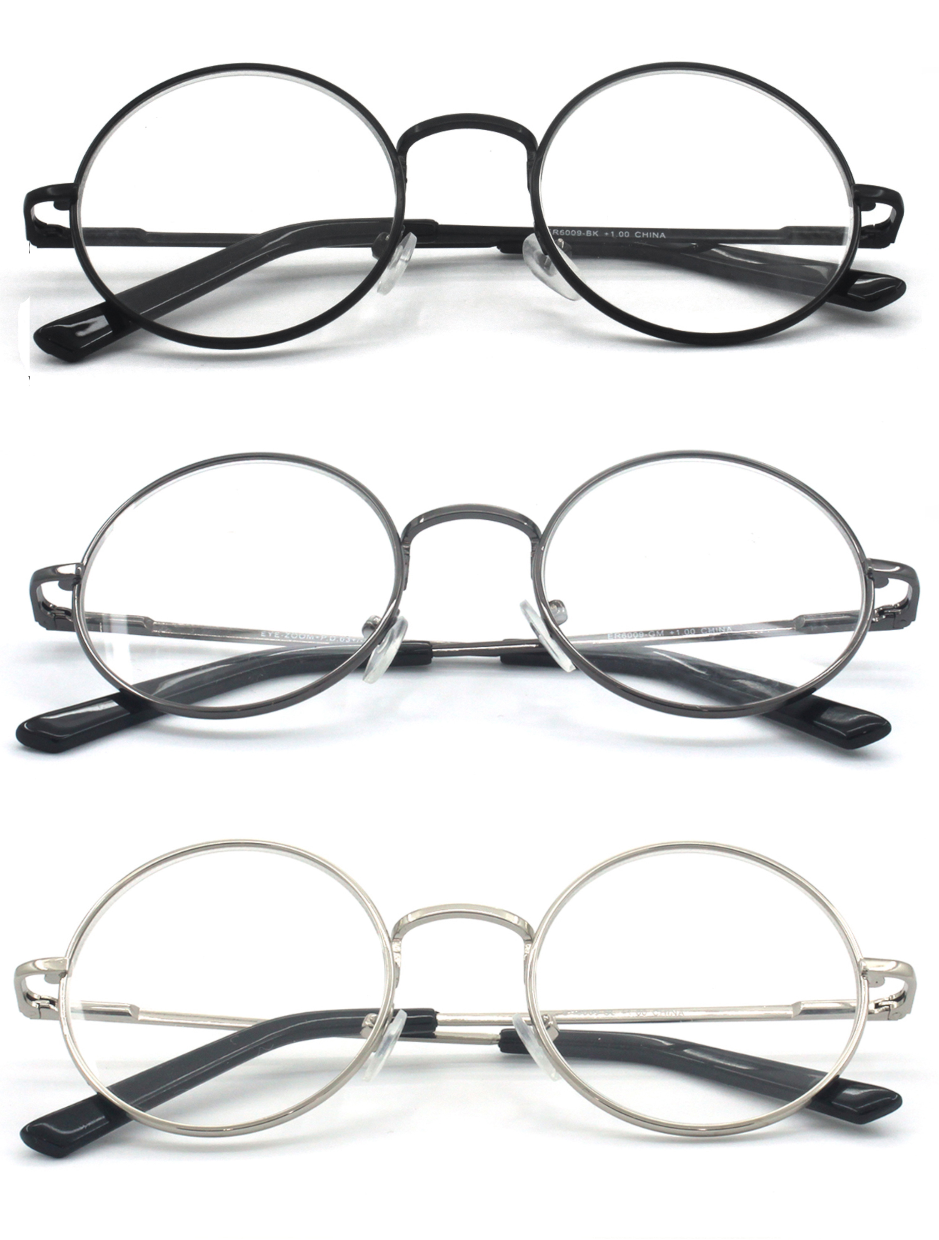 EYE ZOOM 3 Pack Metal Frame Round Reading Glasses With Spring Hinge