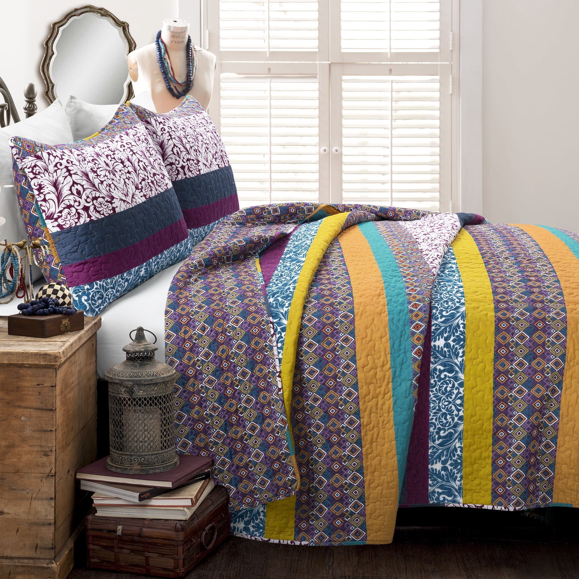Lush Decor Boho Stripe Reversible Cotton Quilt Plum/Yellow 3Pc Set King ...