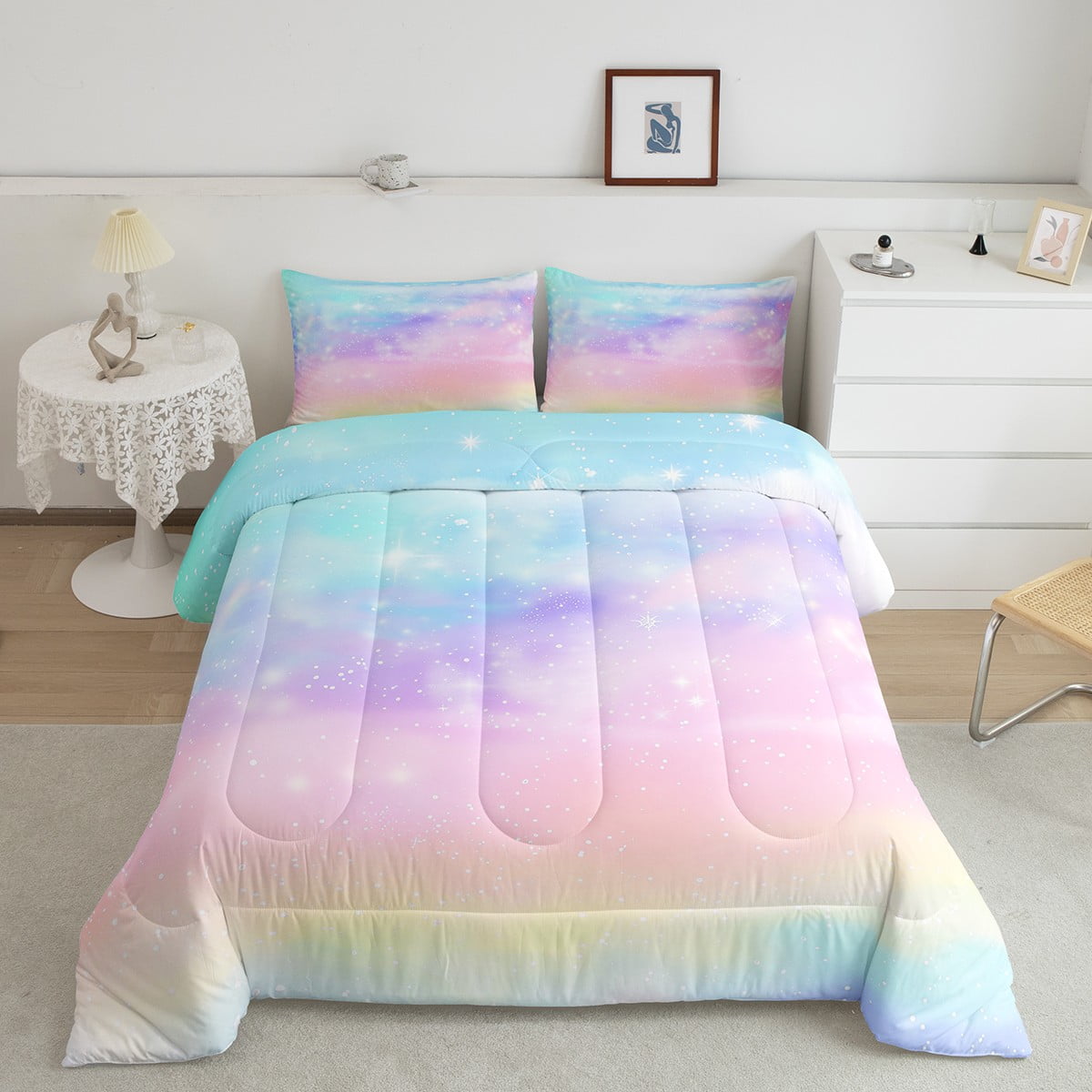 Erosebridal Galaxy Bedding Twin Comforter Set For Teens  Pink Blue Duvet Insert  Dreamy Stars Reversible Comforters & Duvets  Microfiber Bedroom Decor