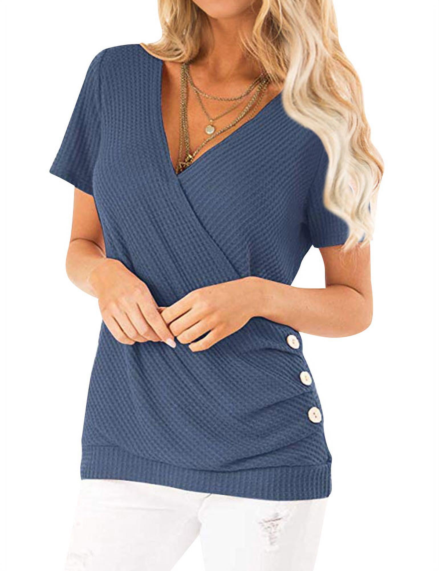 Women Short Sleeve Crossed Surplice Button Tops - Walmart.com
