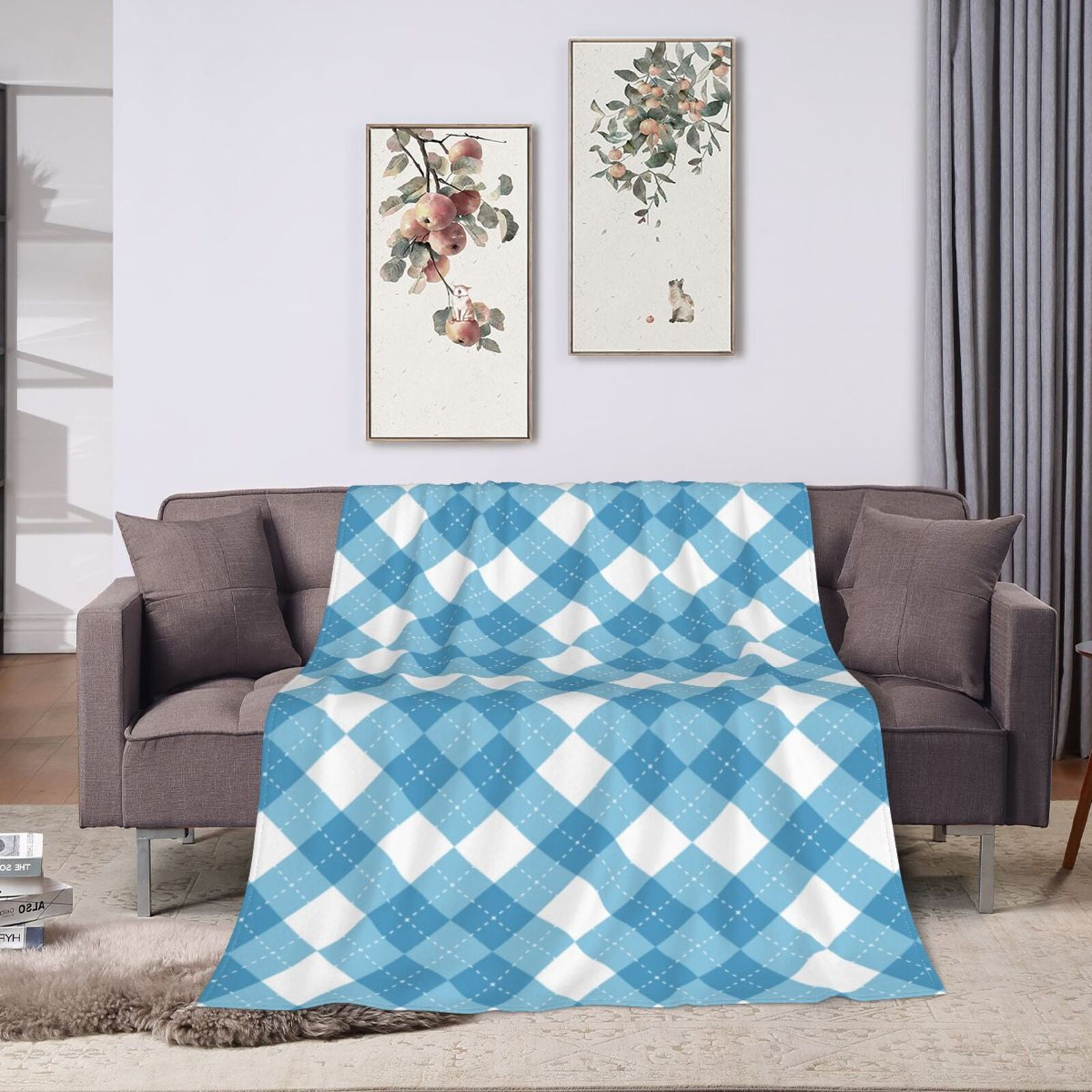 ZNDUO Blue Vintage Plaid Pattern Throw Blanket, Lightweight Cozy Soft ...