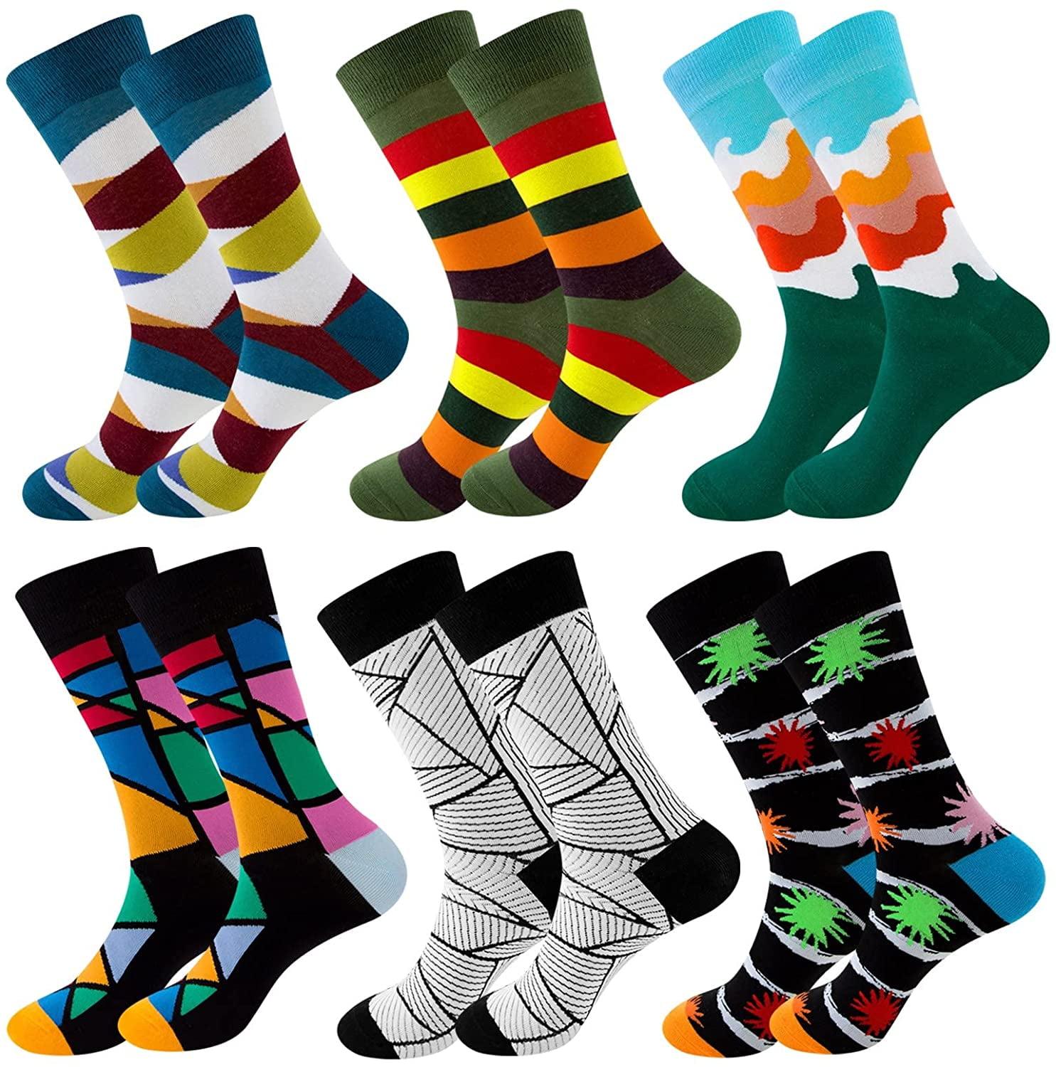 6 Pairs Colorful Novelty Crew Socks Soft Cotton Funny Patterned Casual ...