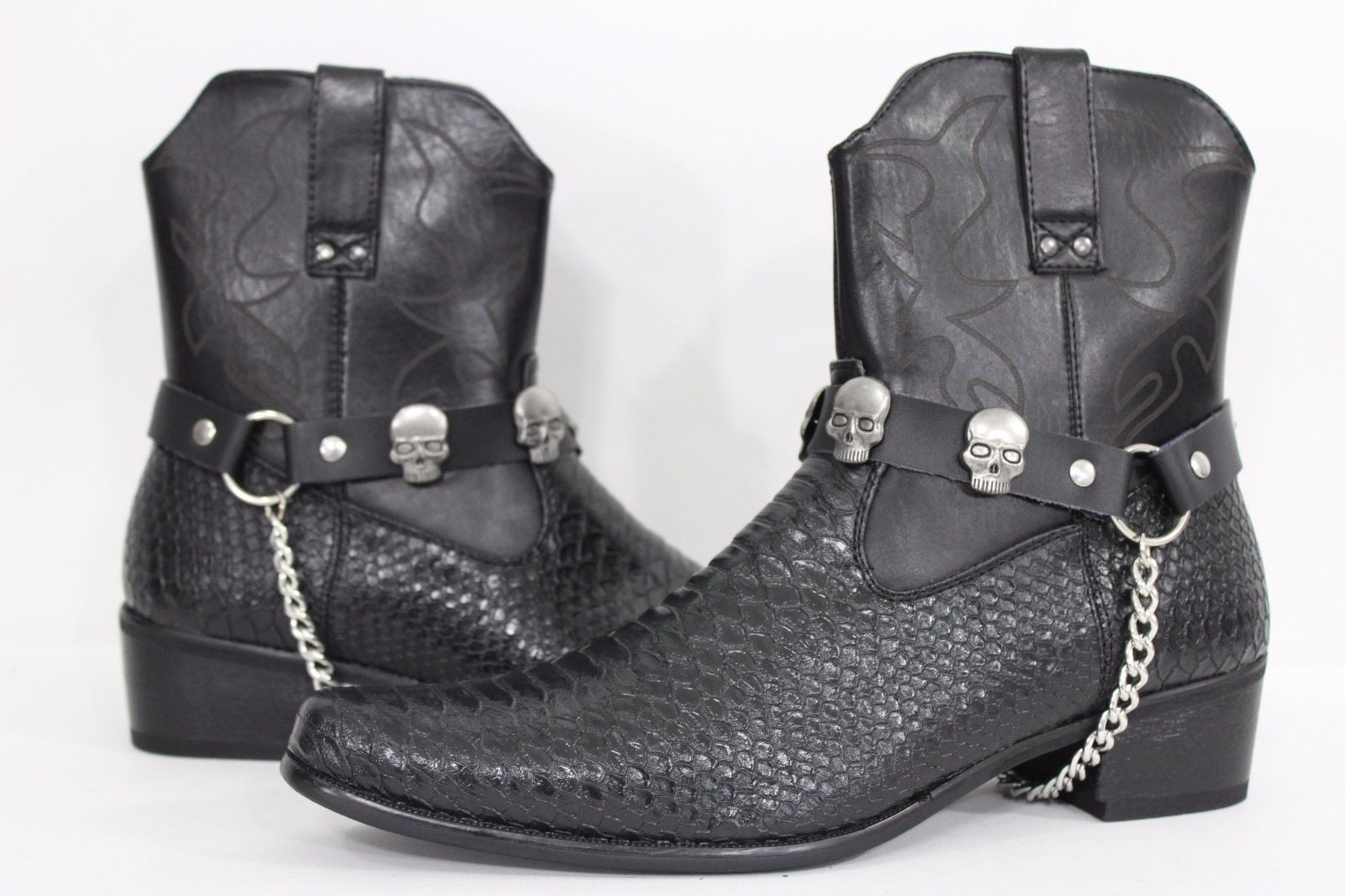 Black Unisex Chains Boots Pair Leather Straps Silver Metal Skulls ...