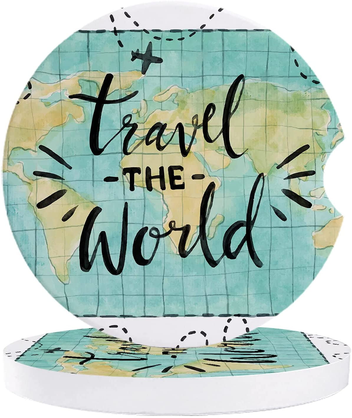 ZHANZZK Watercolor Travel The World Map Set of 6 Car Coaster for Drinks ...