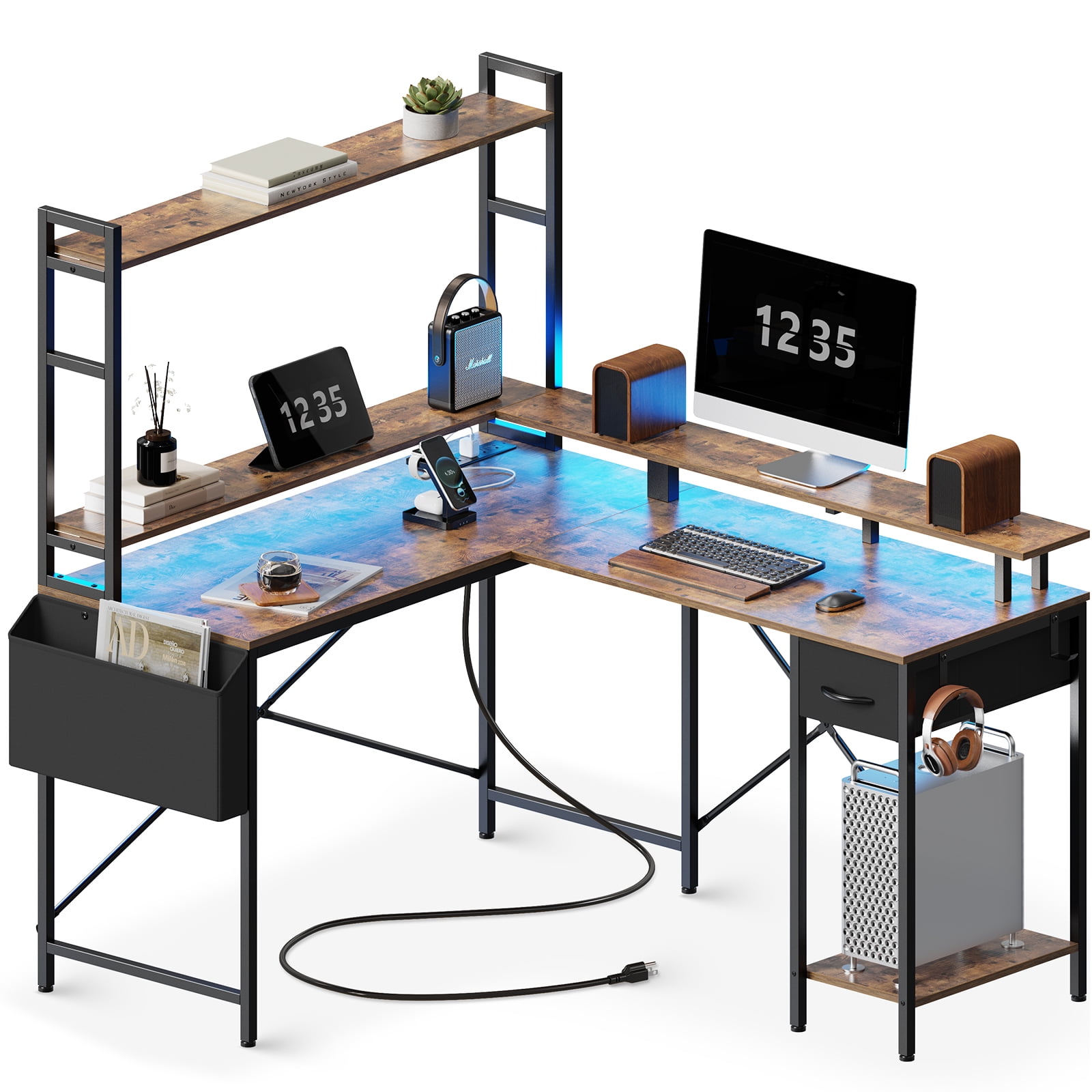 Huuger L Shaped Desk Computer Desk with LED Lights & Power Outlets ...