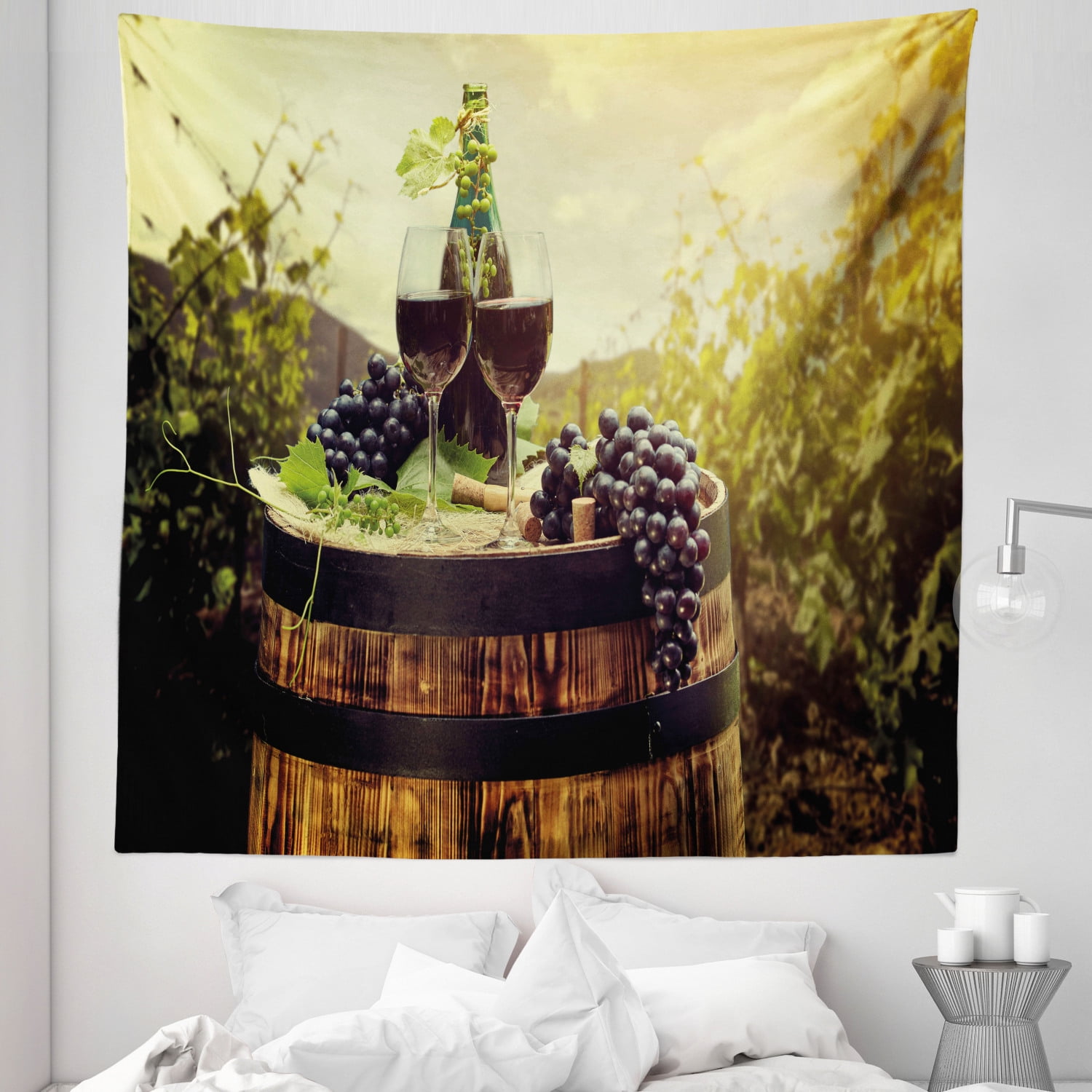 Wine Tapestry, Scenic Tuscany Landscape with Cask Couple of Glasses and ...
