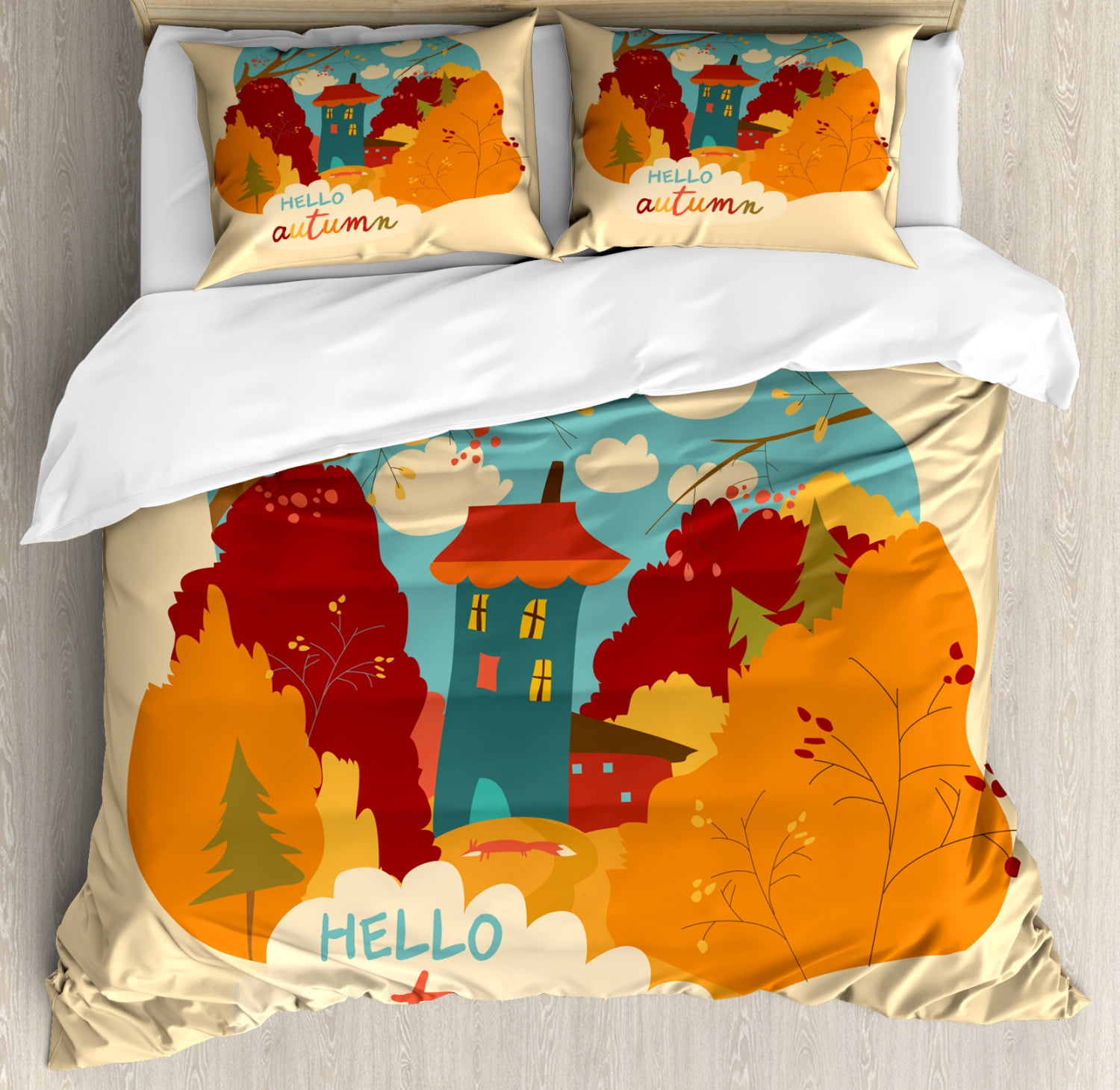 Autumn Duvet Cover Set Queen Size, Hello Autumn Calligraphy Little ...
