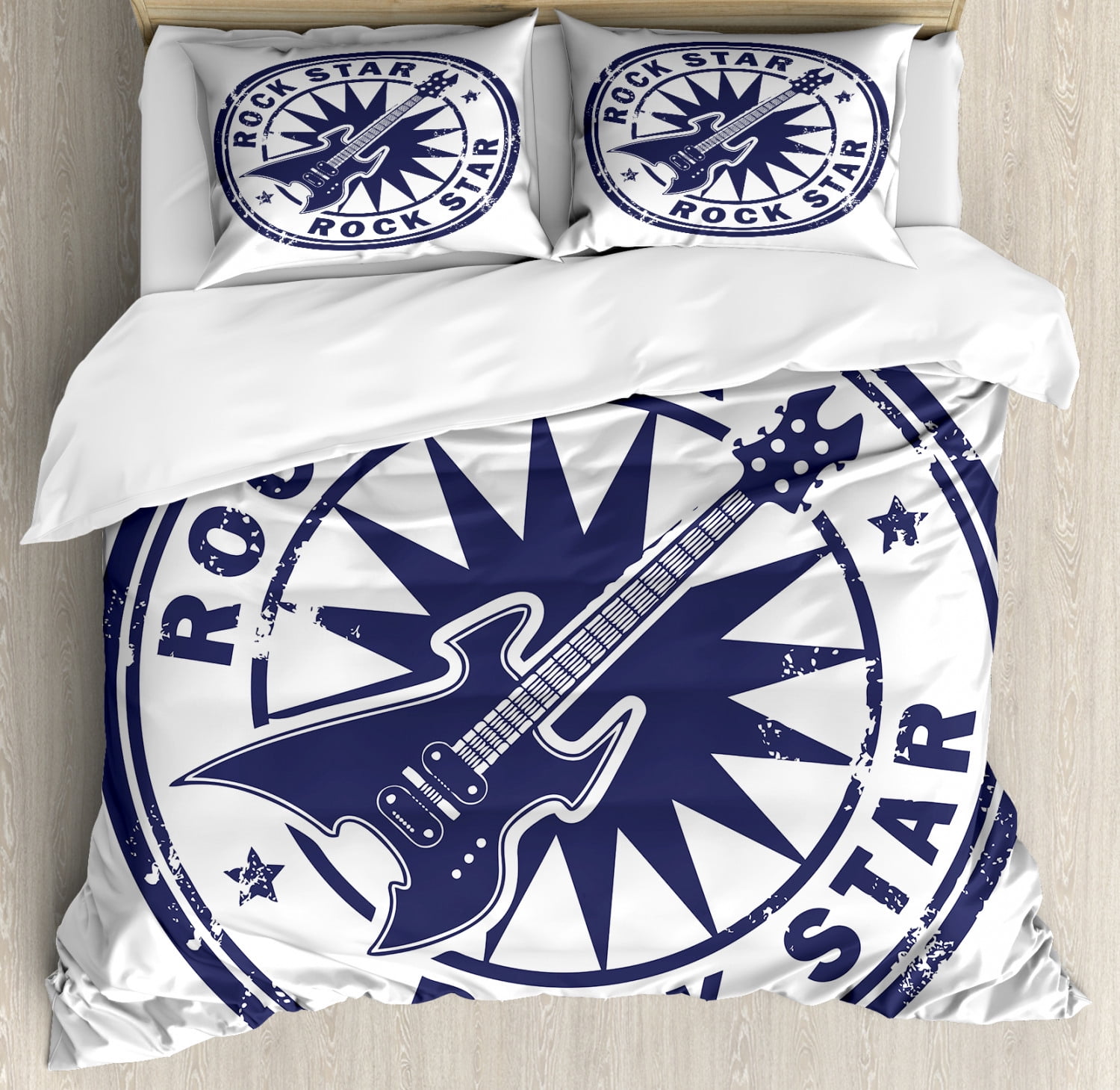 Rock Music Duvet Cover Set Queen Size, Vintage Logo Design Guitar and ...