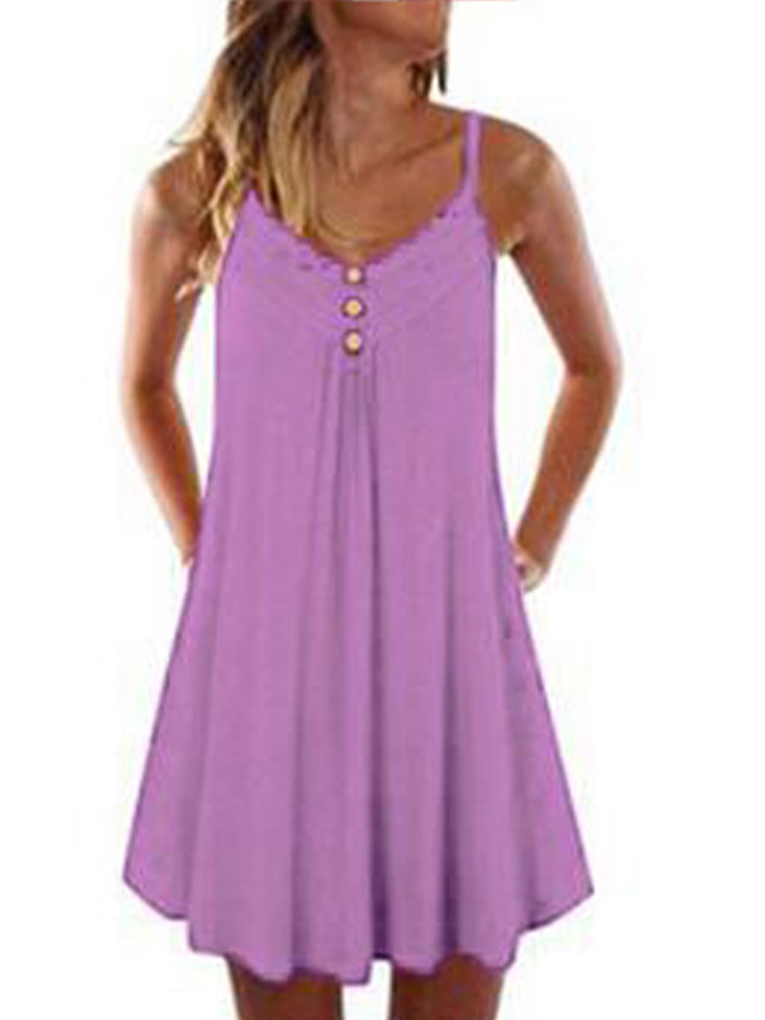 Women Summer Casual Sleeveless Cotton Polyester Dresses Solid Color ...