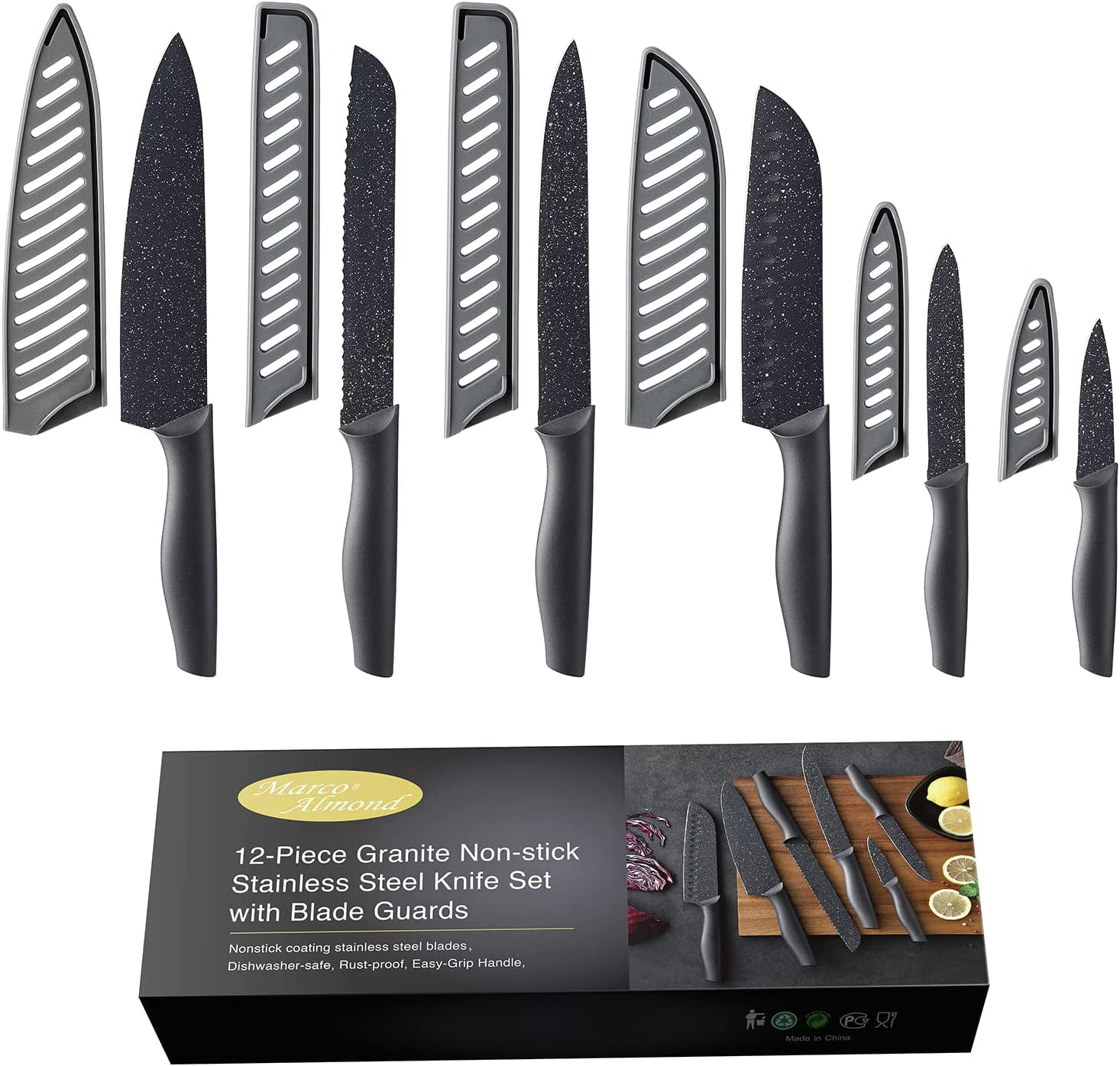 Marco Almond KYA39 12-Piece Black Kitchen Knife Set, Black Chef Knives ...