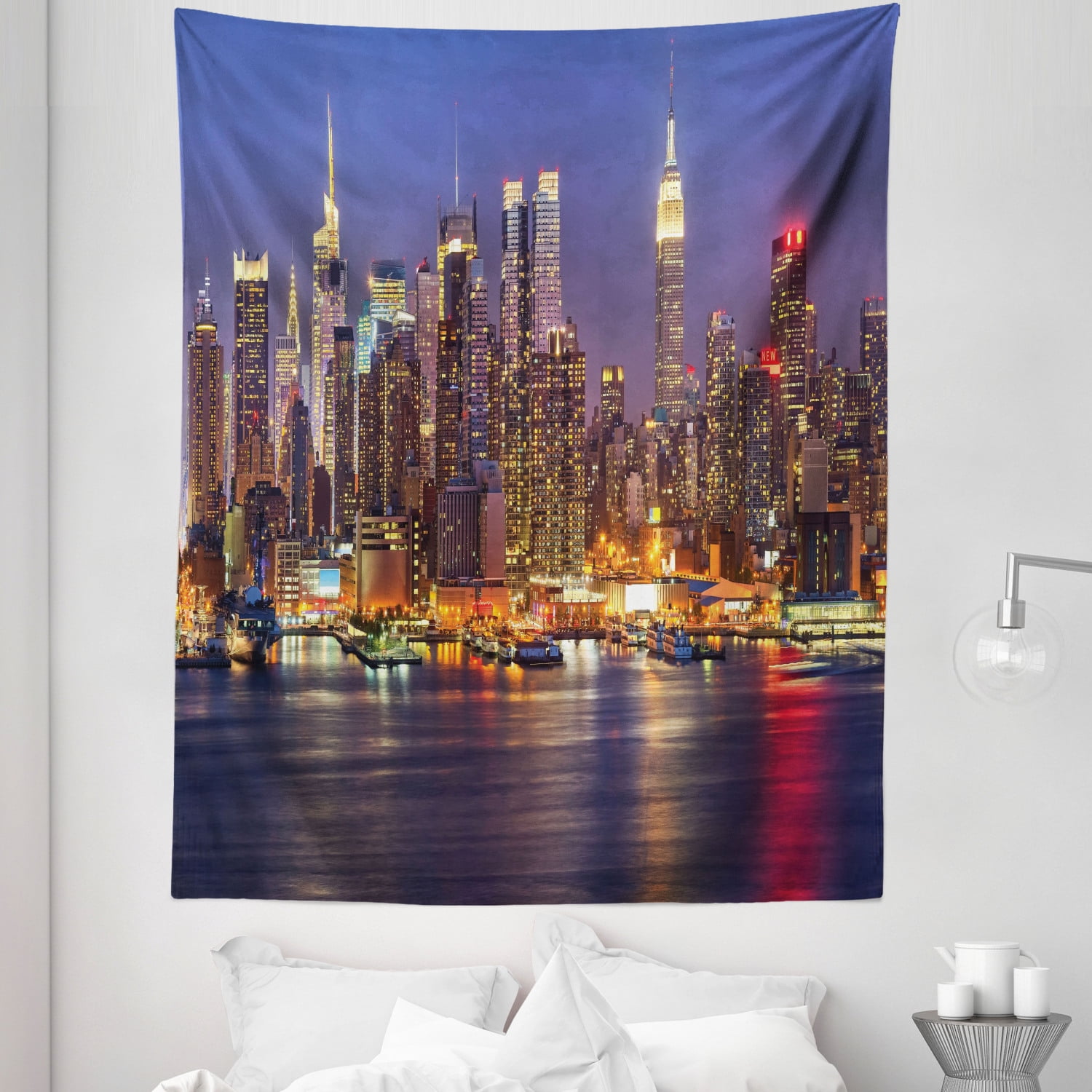 City Love Tapestry, Urban Life Themed Skyscrapers with Dock and Boats ...