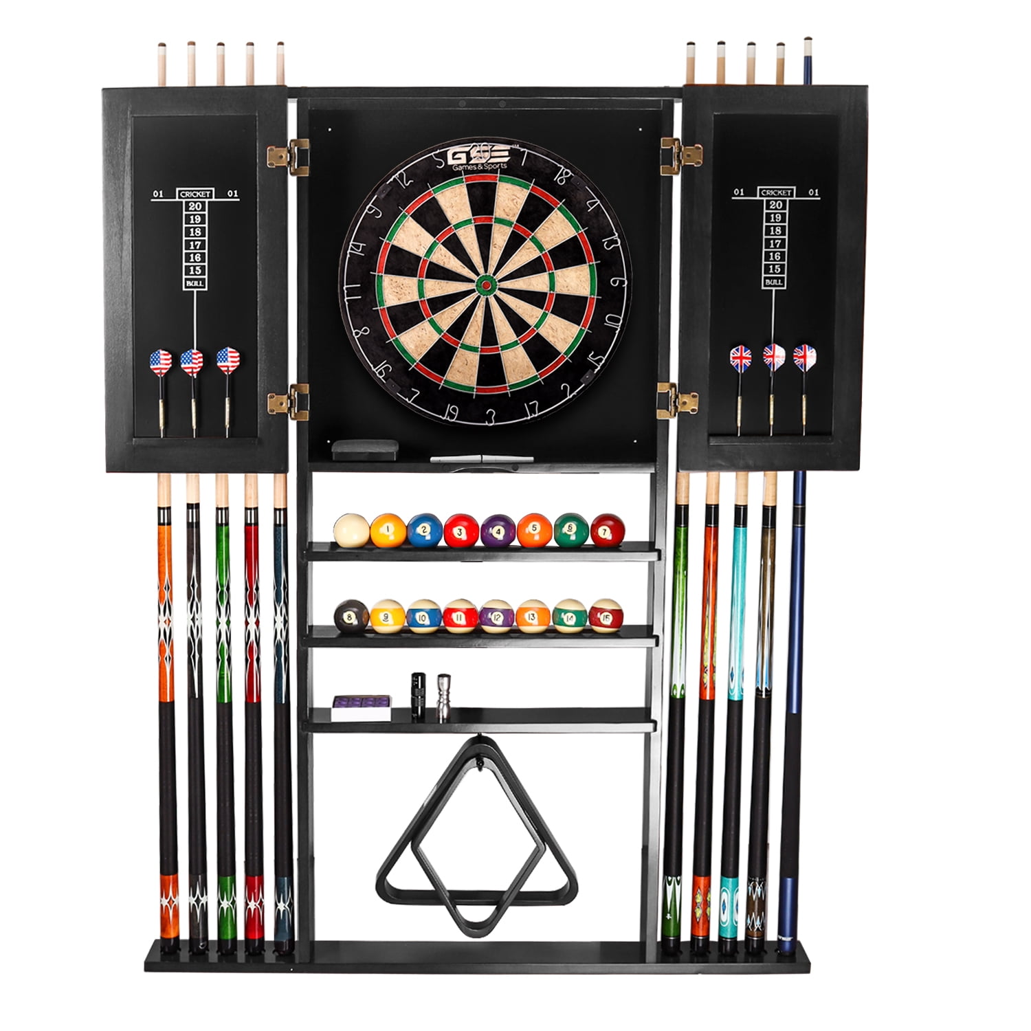 GSE Games & Sports Expert 10 Billiard Pool Cue Wall Mounted Rack & Dart ...