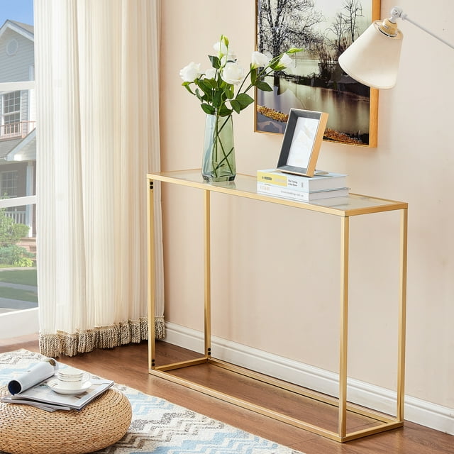 Mxfurhawa Gold Metal Narrow Entryway Console Table with Modern Glass ...