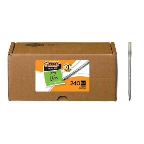 BIC GSM240BK Round Stic Xtra Life Medium 1.2 mm. Stick Ballpoint Pen ...