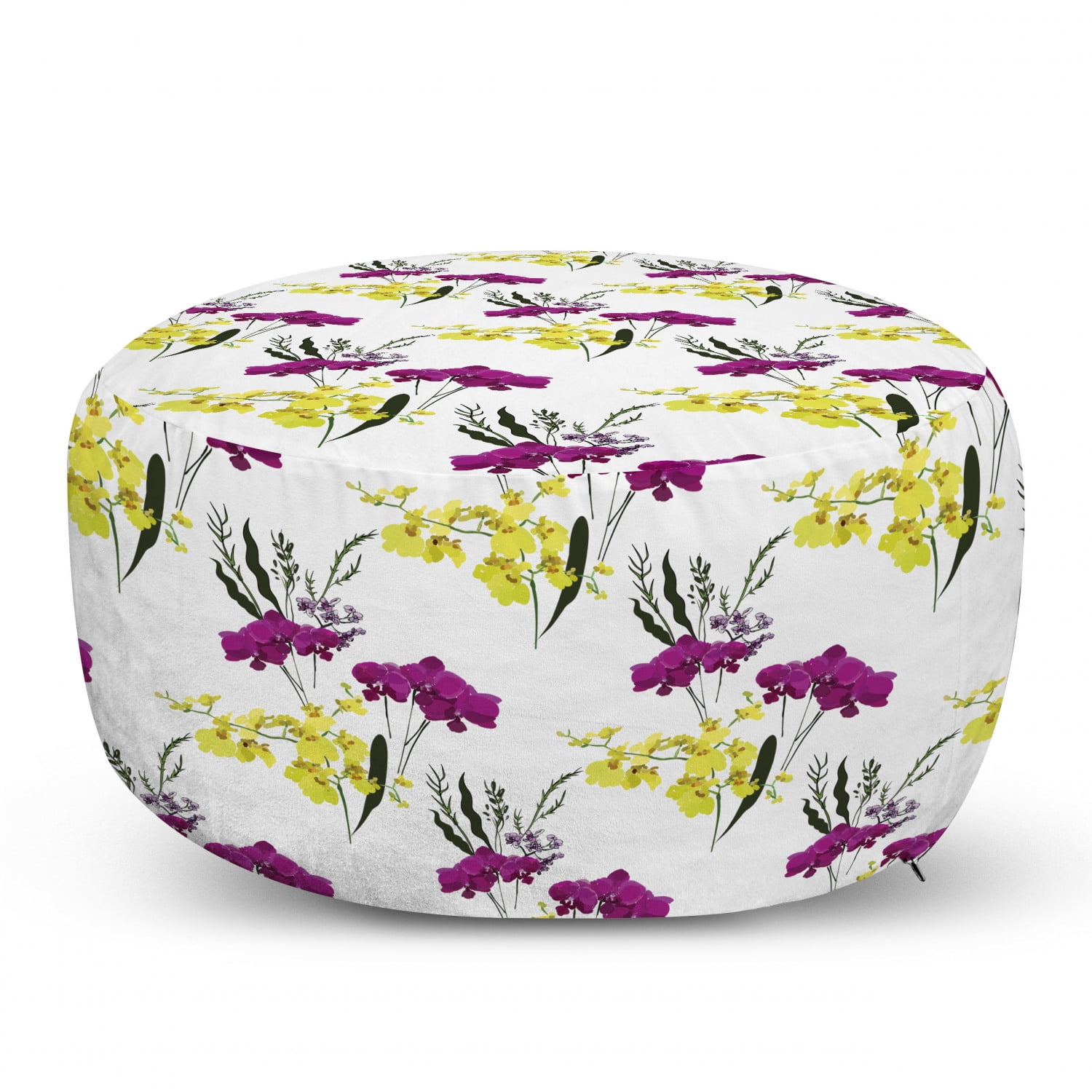 Flowers Pouf Cover with Zipper, Floral Theme Natural Motif Yellow and ...