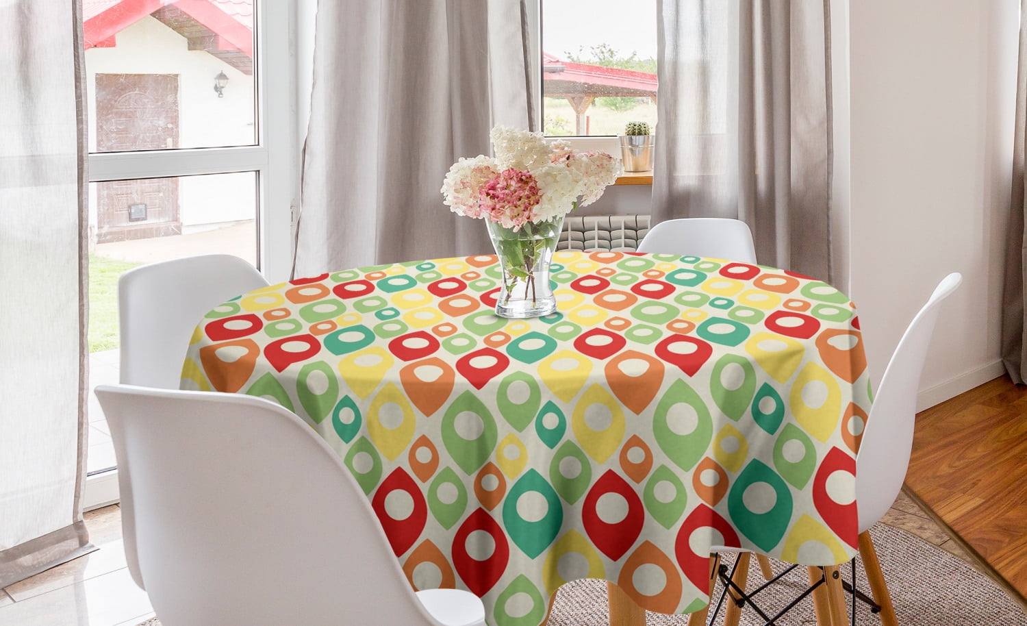 Abstract Round Tablecloth, Vintage Rainbow Colored Geometric Shapes in ...