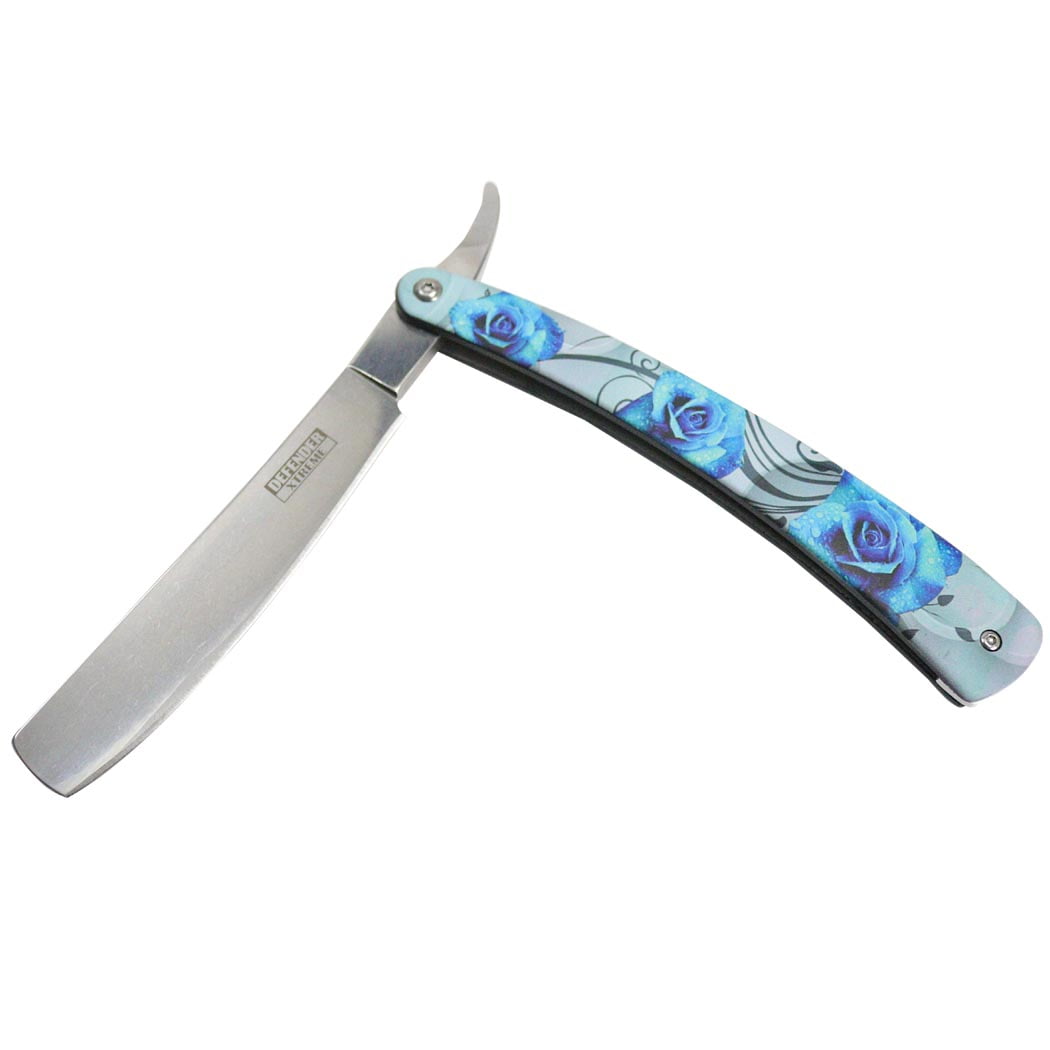 1Defender-Xtreme 0' Straight Razor Blue Roses Folding Knife 3CR13 ...