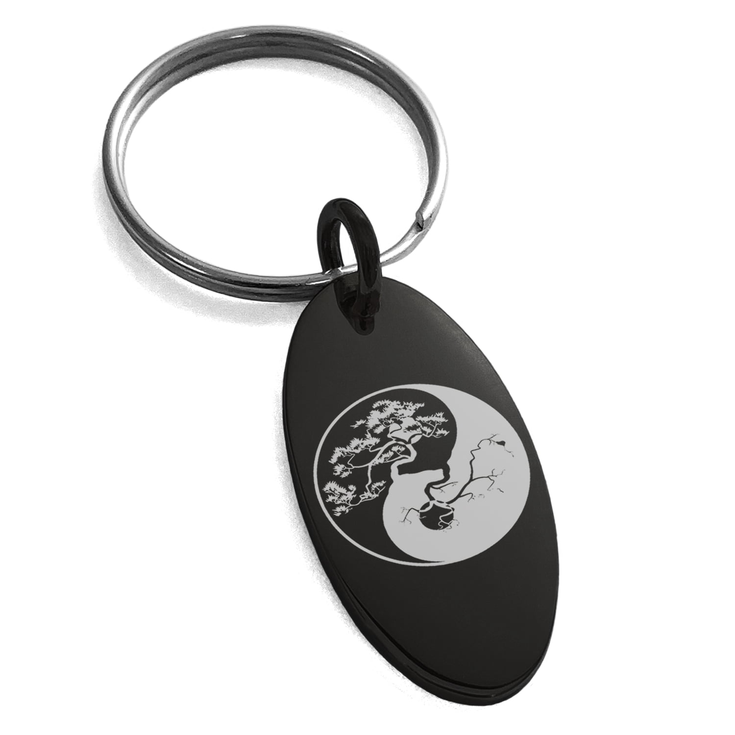 Stainless Steel Bonsai Tree Yin Yang Engraved Small Oval Charm Keychain ...