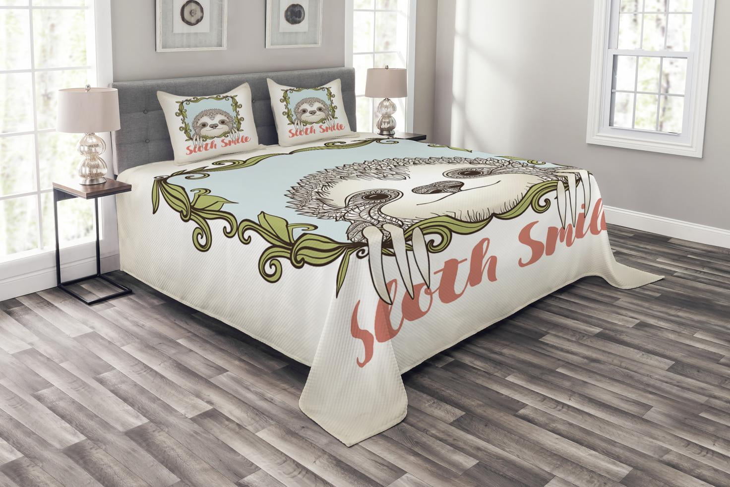 Sloth Bedspread Set King Size, Exotic Animal in Floral Frame Sloth ...