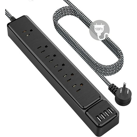 Flat Plug Power Bar, Surge Protector with 6 Outlets & 4 USB Ports, 10ft ...