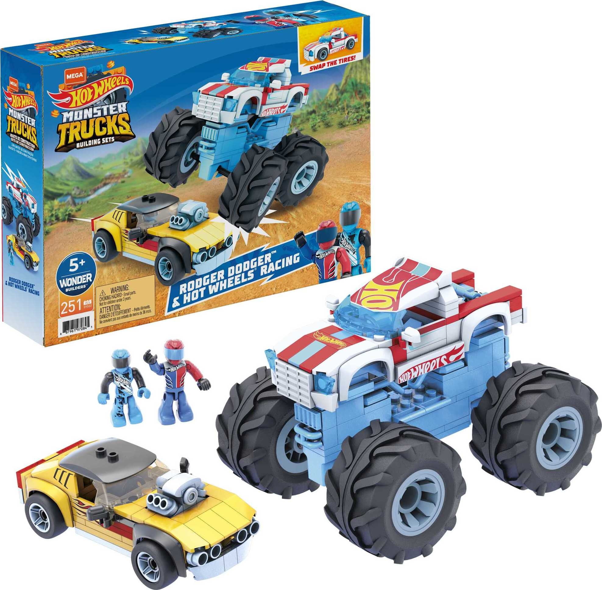 MEGA Rodger Doger & Hot Wheels Racing Building Toy Cars with 2 Figures ...