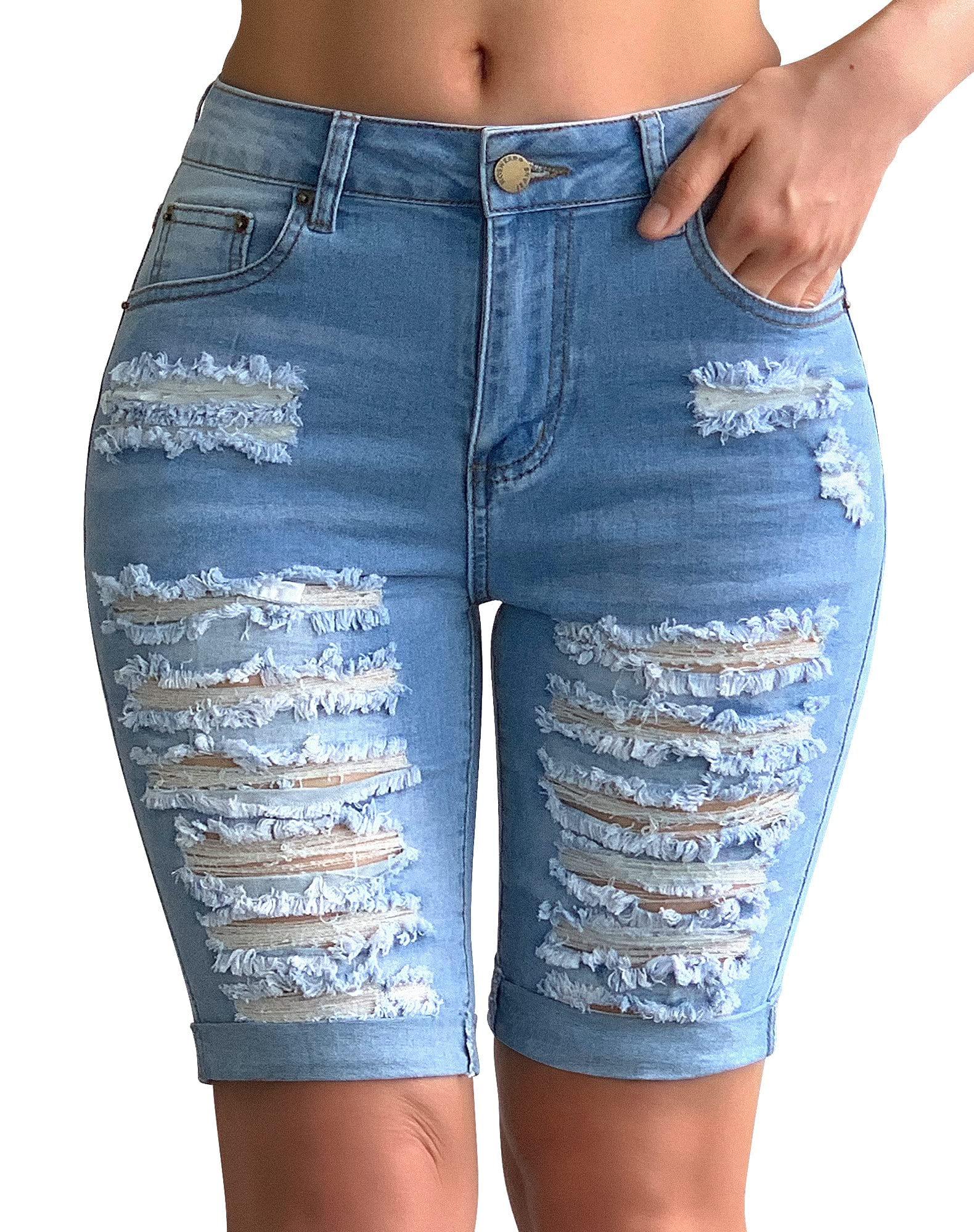 roswear Women's Distressed Knee Length Long Denim Shorts Ripped ...