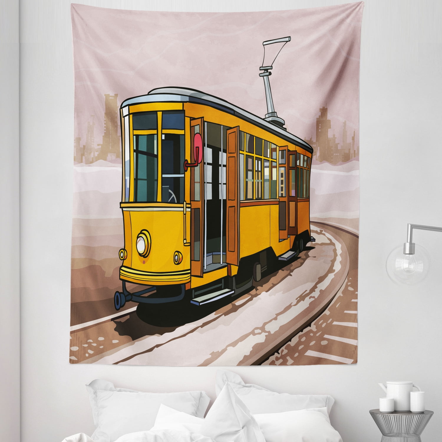 Modern Tapestry, Yellow Train on Rail Roads Winter Scenery Old Suburban ...