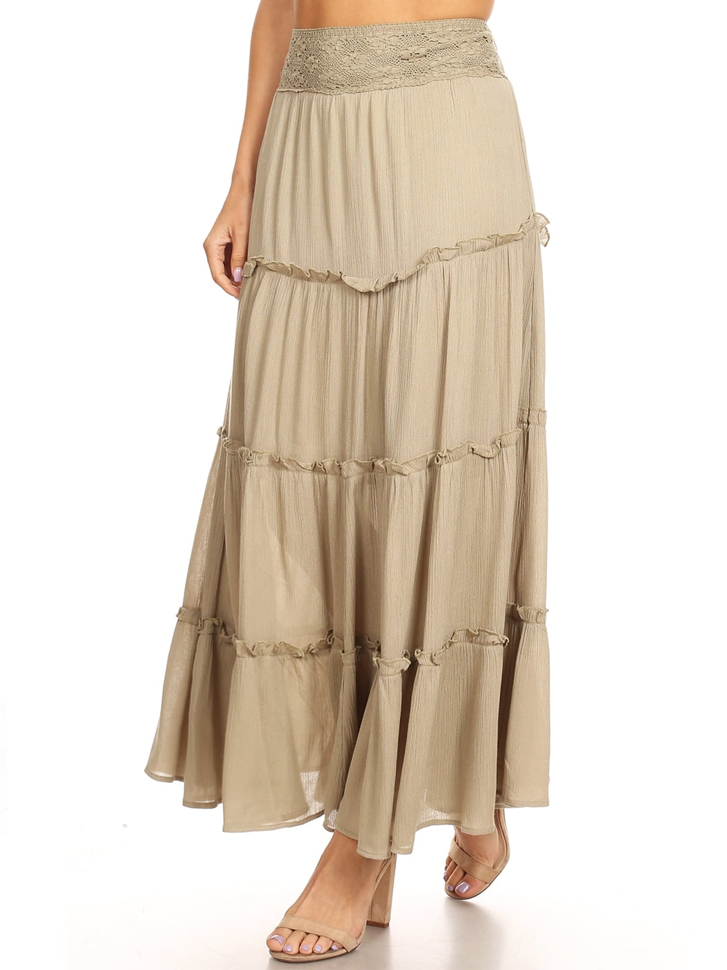 Womens Bohemian Gypsy Long Elastic Waist Maxi A Line Tiered Skirt