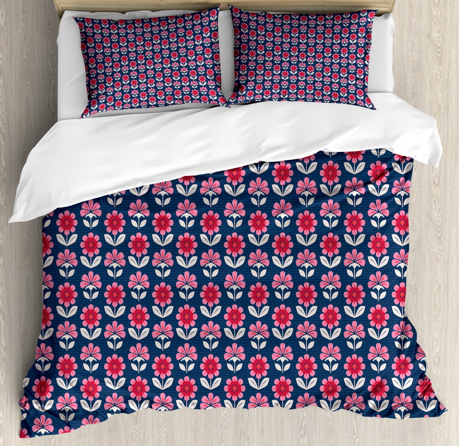 Floral King Size Duvet Cover Set, Graphic Stylized Spring Flowers with ...