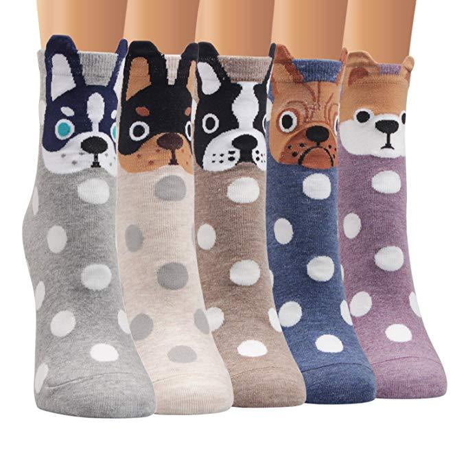 LIVEBEAR Women's 4/5 pack Cute Dog Large Print Funny Novelty Crew Socks ...