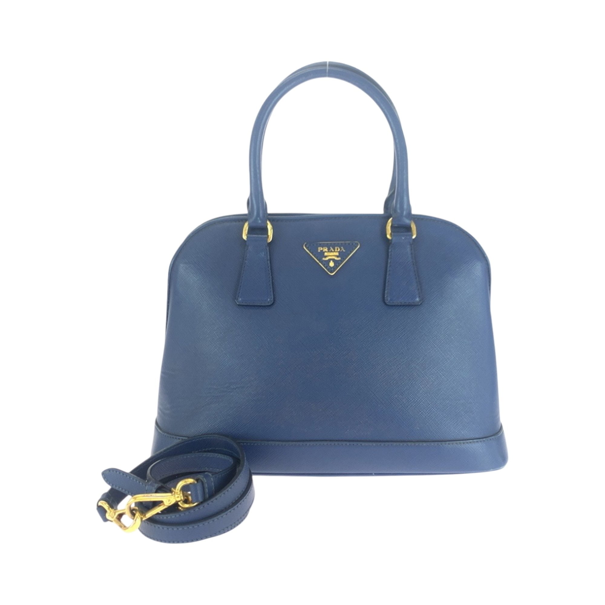 Pre-Owned PRADA Prada Saffiano Triangle Logo Plate Blue Gold Hardware ...