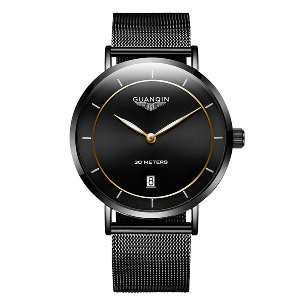 GUANQIN Men Business Stainless Steel Leather Band Analog Quartz Wrist ...