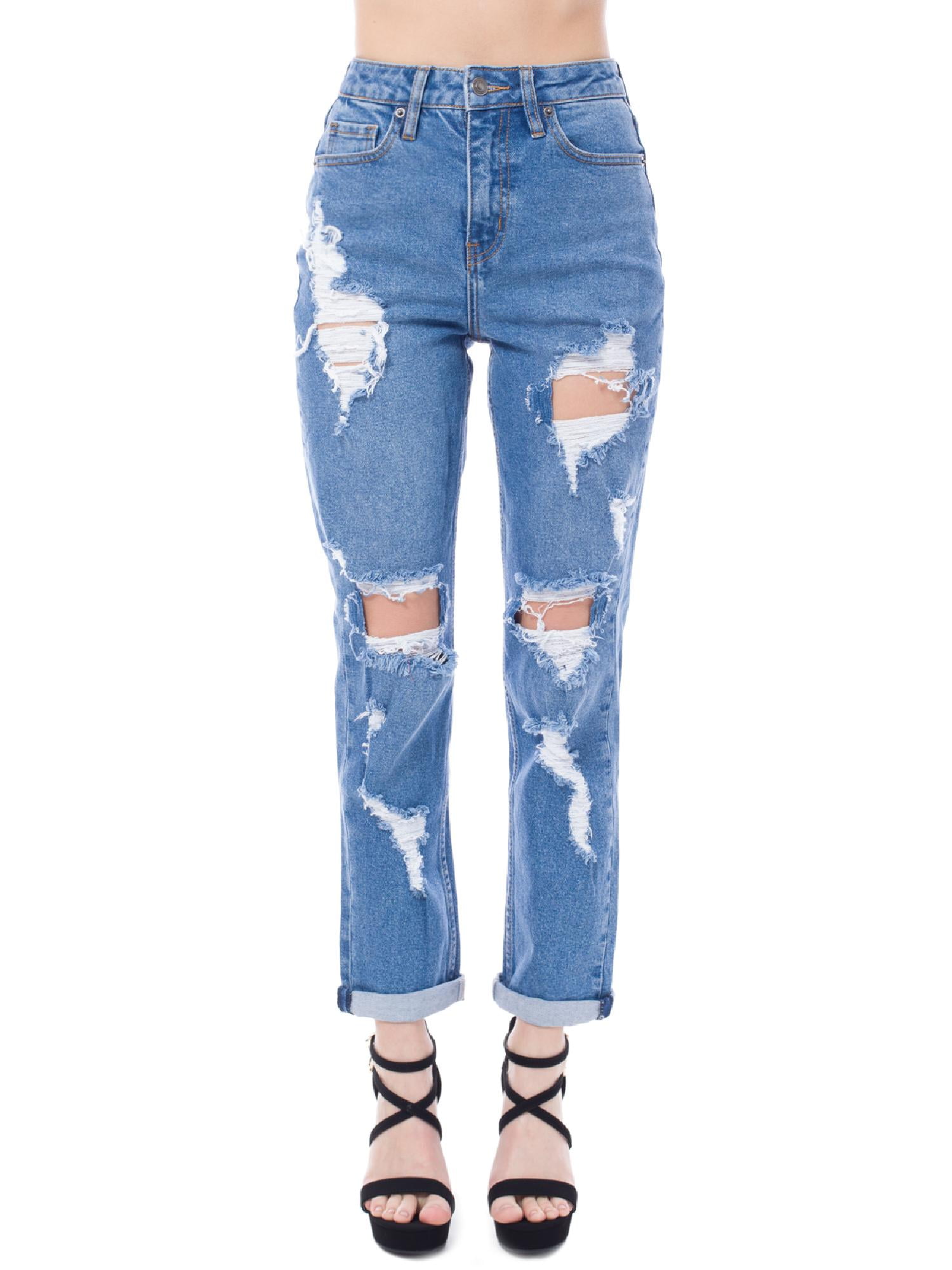 MixMatchy Women's High Rise Distressed Front Flare Bell Roll Cuff Jean ...