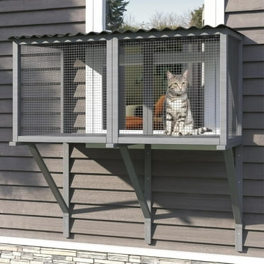 PawHut Outdoor Cat Catio, Wooden Cat Enclosure Window Perch with ...